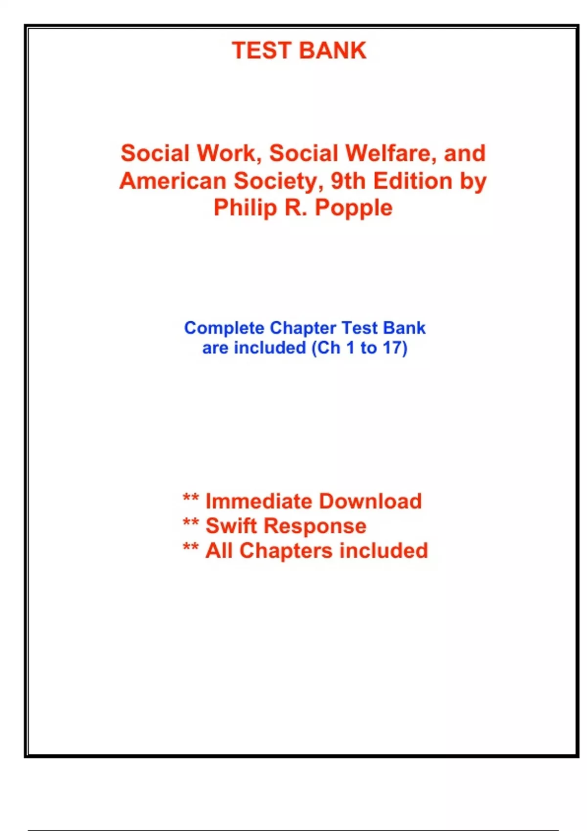 Test Bank for Social Work, Social Welfare, and American Society, 9th ...