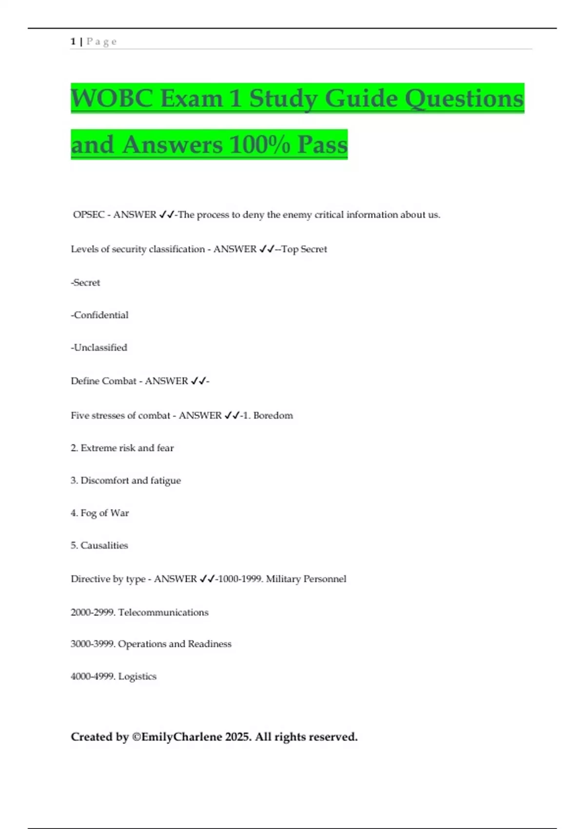 WOBC Exam 1 Study Guide Questions and Answers 100% Pass - WOBC - Stuvia US