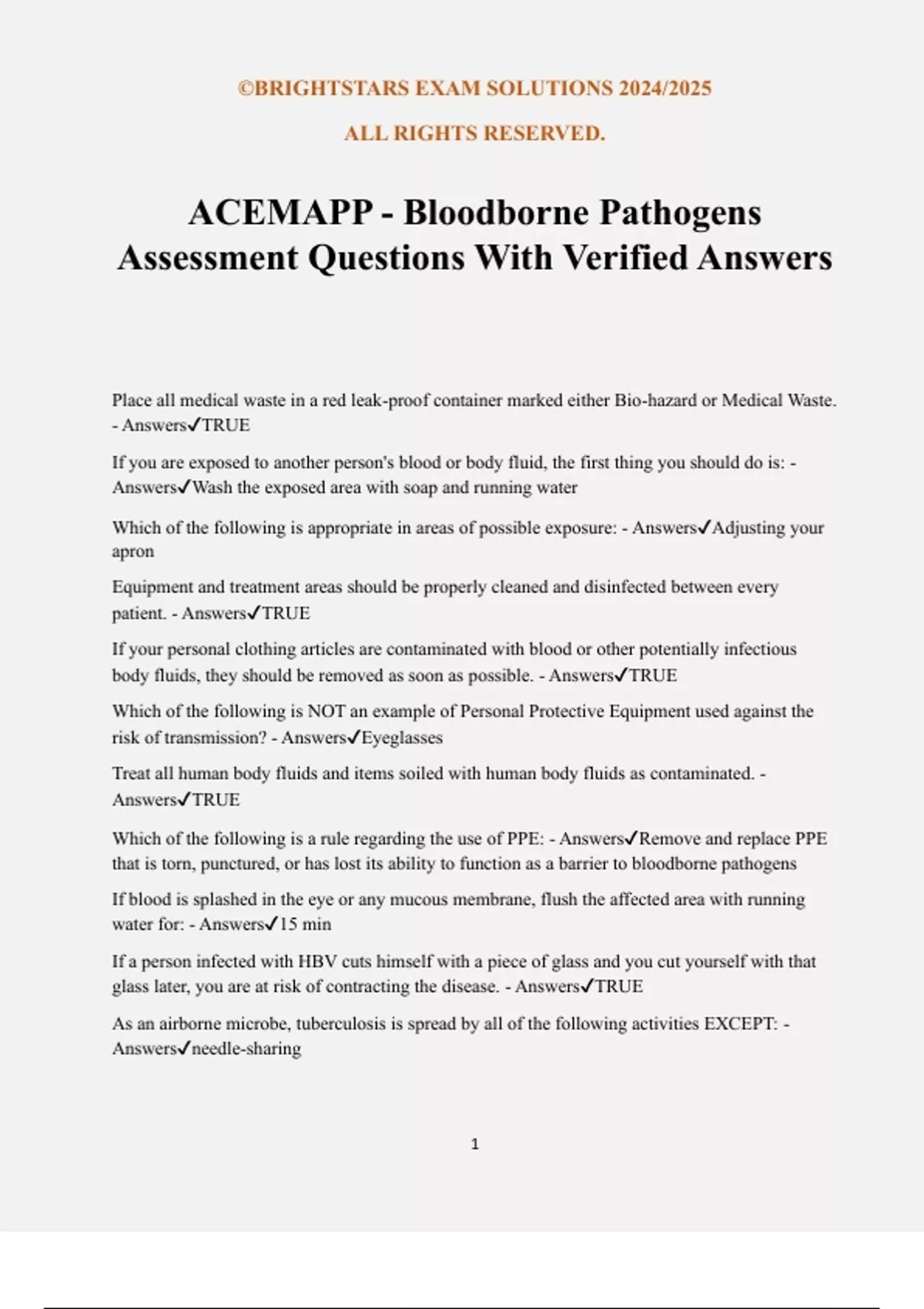 ACEMAPP - Bloodborne Pathogens Assessment Questions With Verified Answers - ACEMAPP - Stuvia US