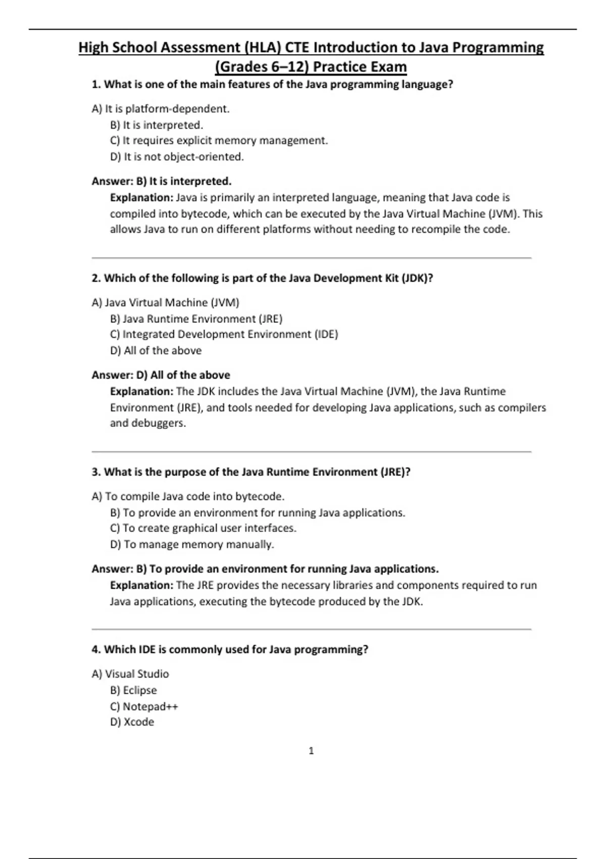 High School Assessment (HLA) CTE Introduction to Java Programming (6–12 Grade) Practice Exam ...