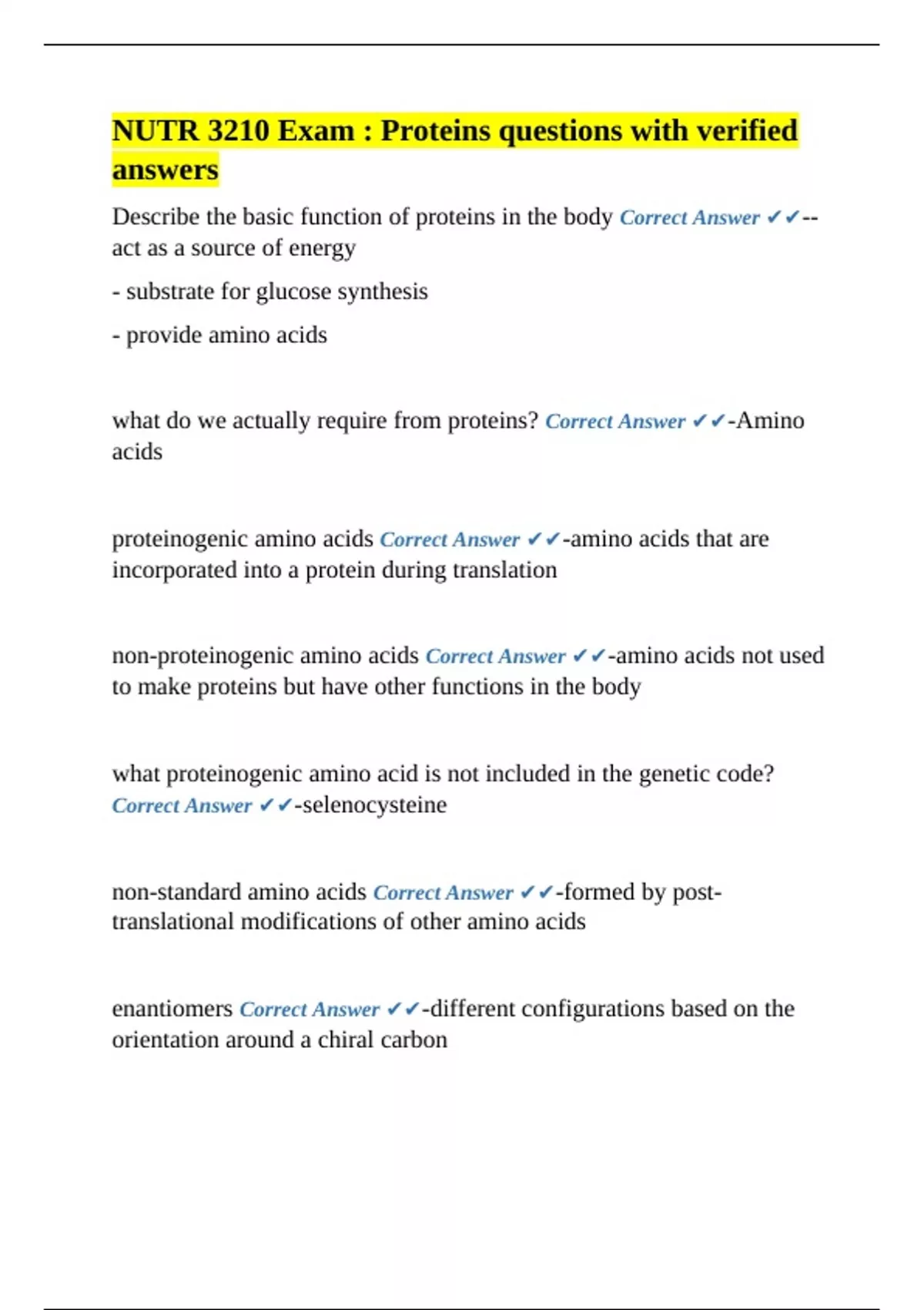 NUTR 3210 Exam : Proteins questions with verified answers - Nutrition ...