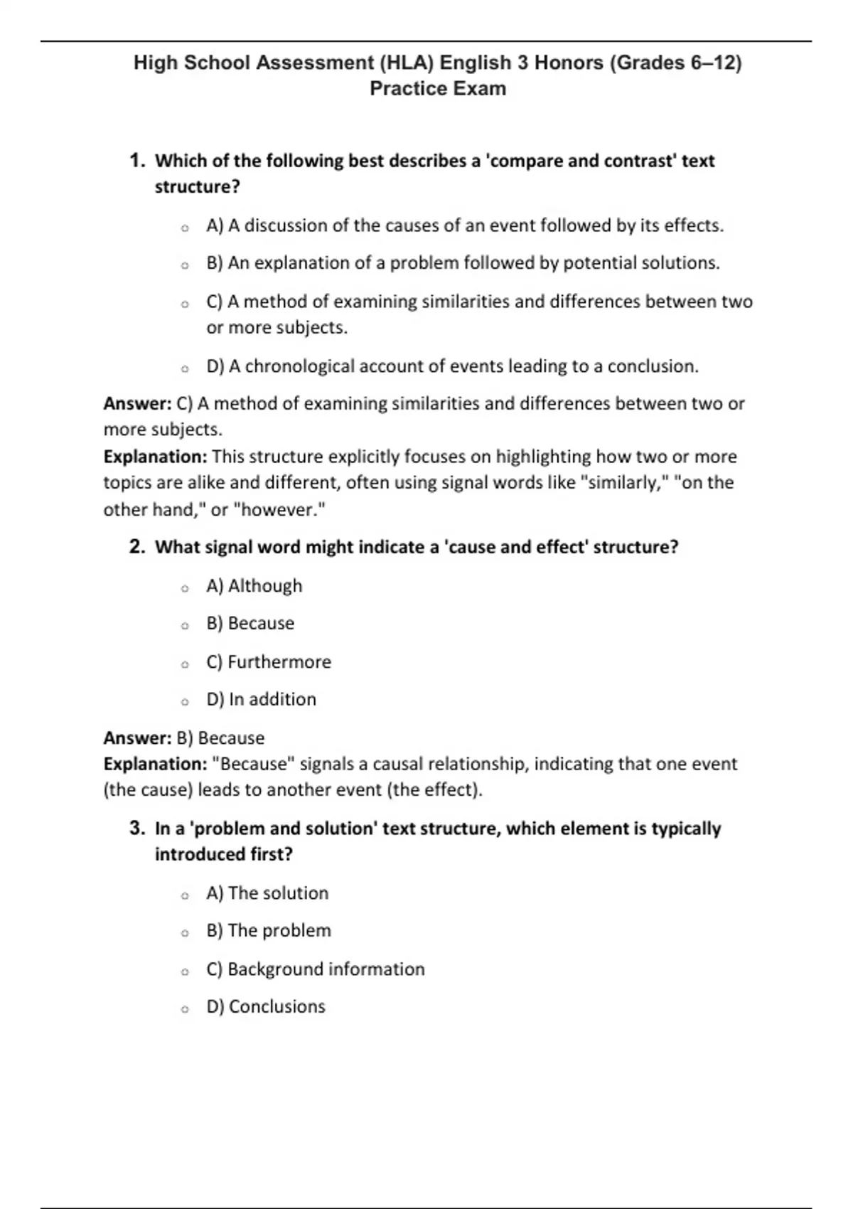 High School Assessment (HLA) English 3 Honors (6–12 Grade) Practice ...