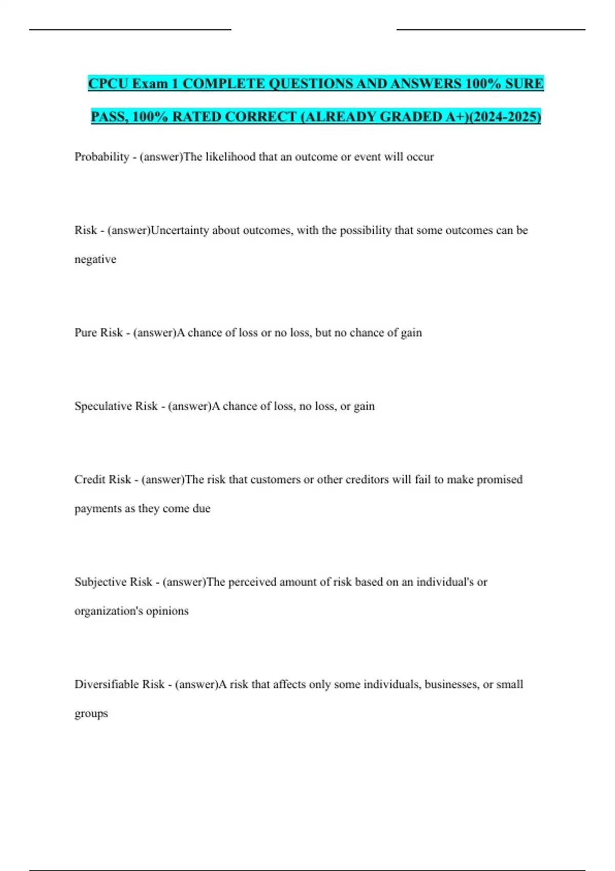 CPCU Exam 1 COMPLETE QUESTIONS AND ANSWERS 100% SURE PASS, 100% RATED ...