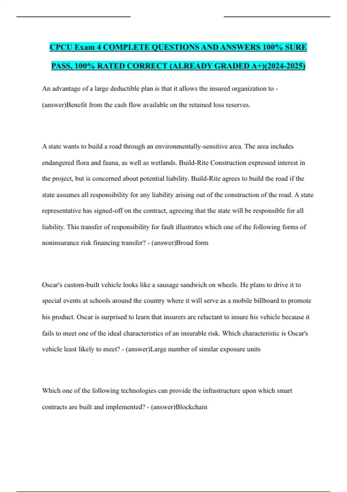 CPCU Exam 4 COMPLETE QUESTIONS AND ANSWERS 100% SURE PASS, 100% RATED ...