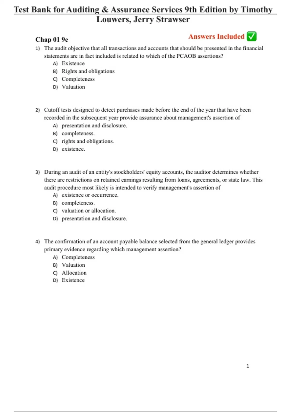 Test Bank for Auditing & Assurance Services, 9th Edition by Timothy ...
