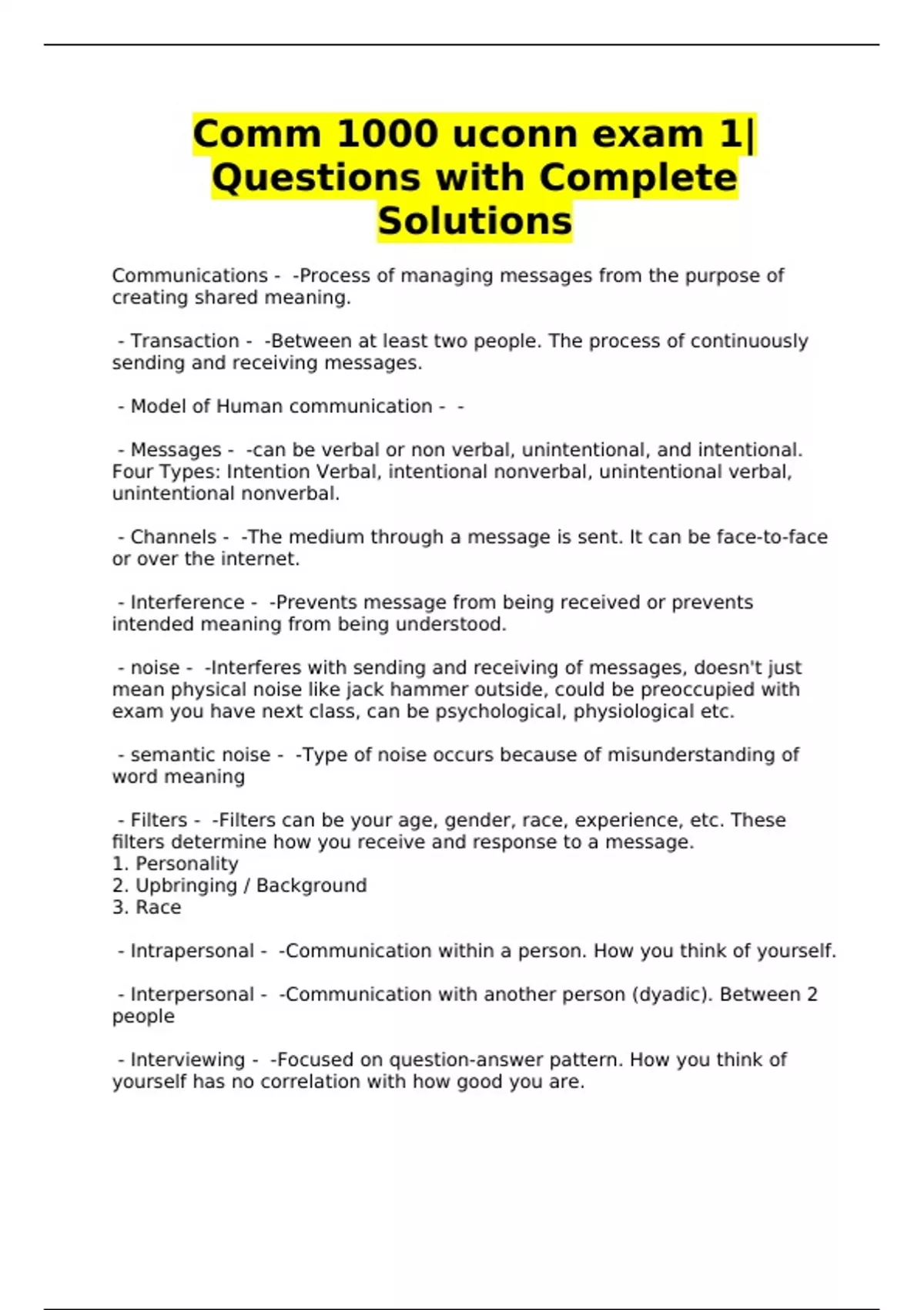 Comm 1000 uconn exam 1|Questions with Complete Solutions - Comm 1000 ...