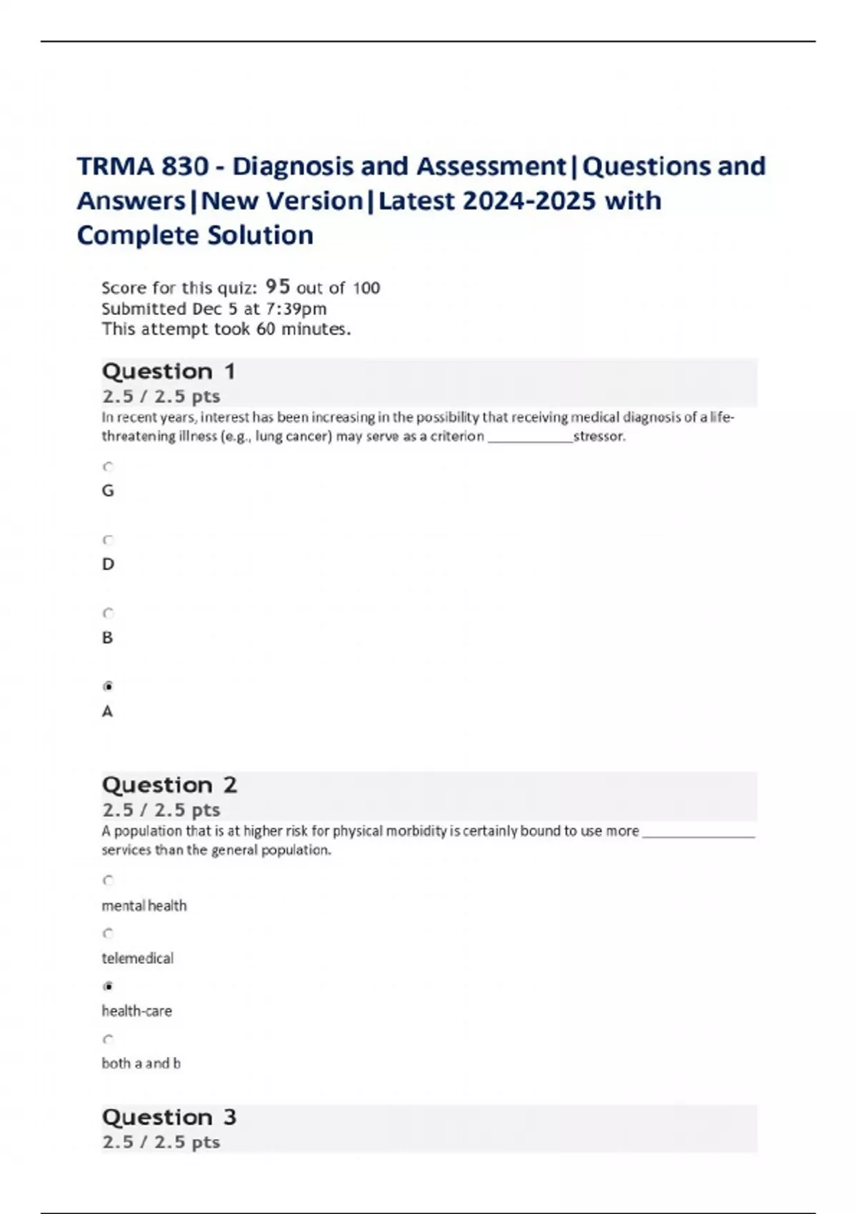TRMA 830 - Diagnosis and Assessment|Questions and Answers|New Version ...