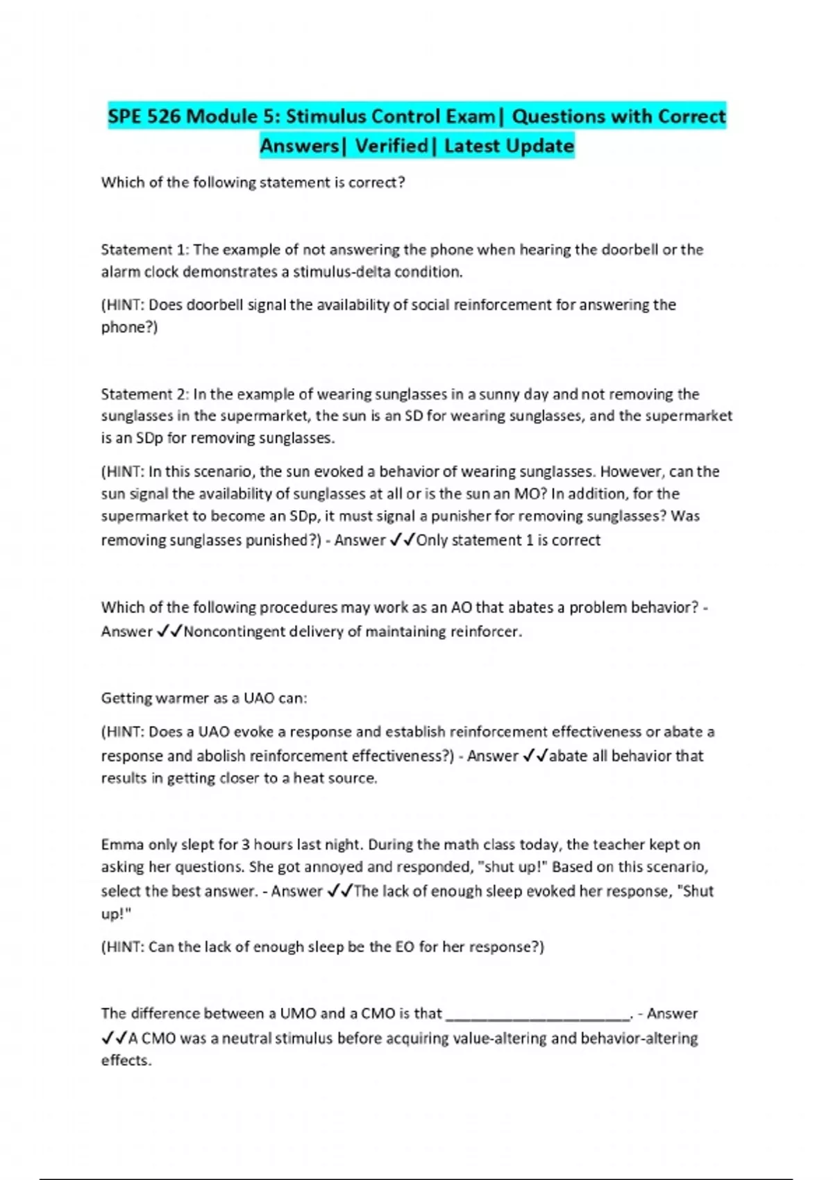 SPE 526 Module 5: Stimulus Control Exam| Questions with Correct Answers ...