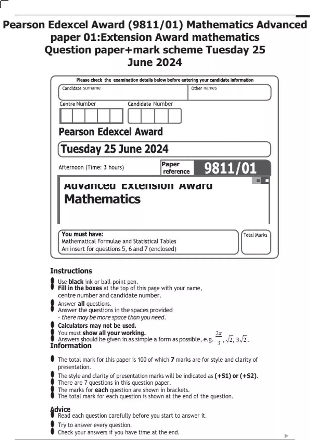 Pearson Edexcel Award (9811/01) Mathematics Advanced paper 01:Extension ...