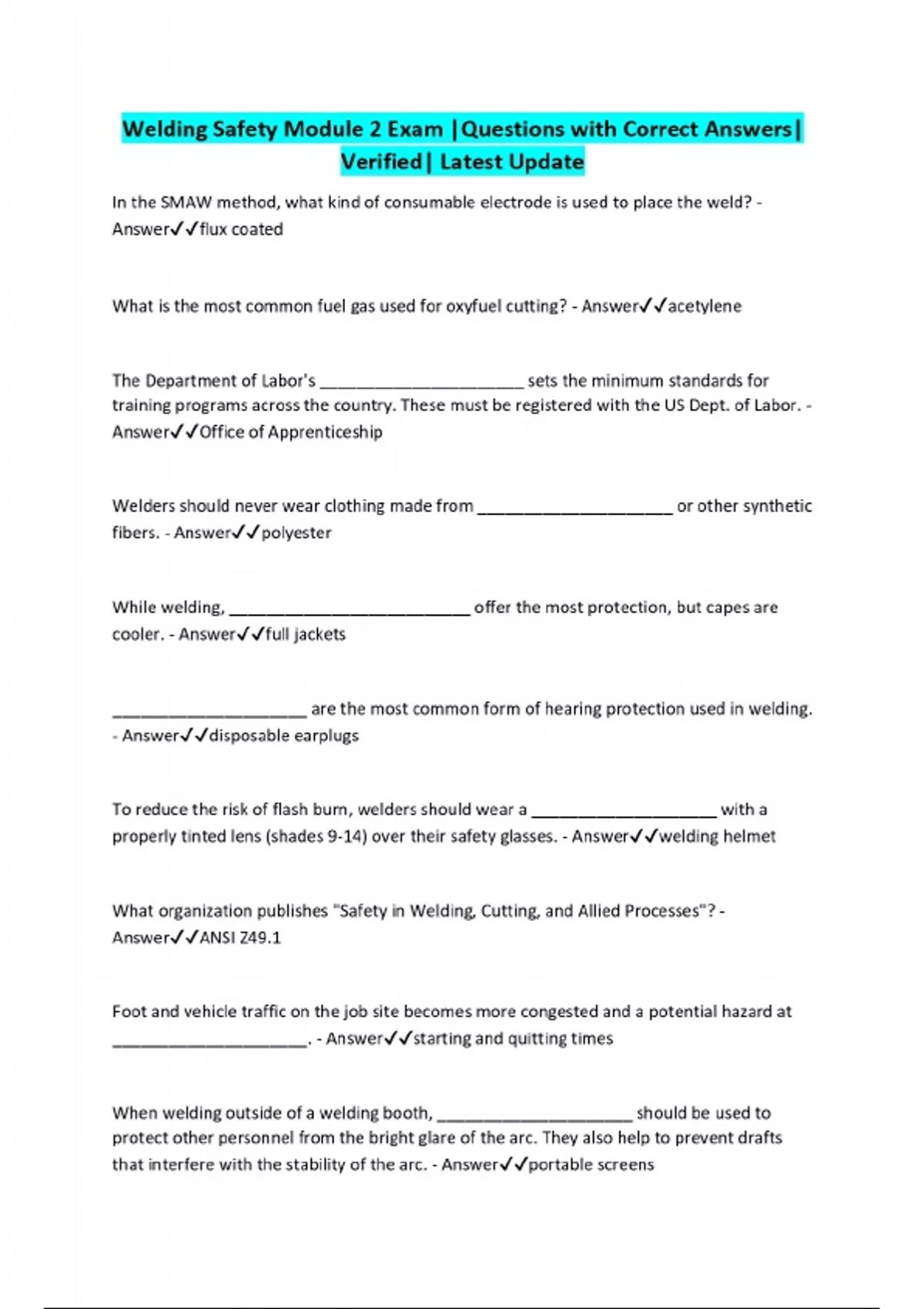 Welding Safety Module 2 Exam |Questions with Correct Answers| Verified ...