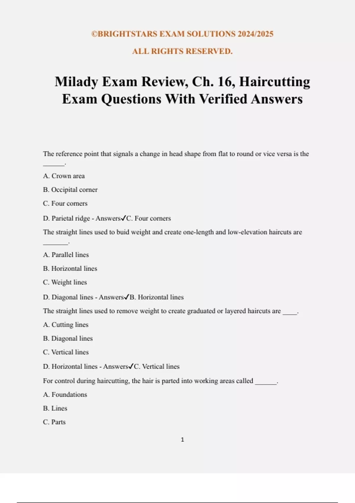 Milady Exam Review, Ch. 16, Haircutting Exam Questions With Verified ...