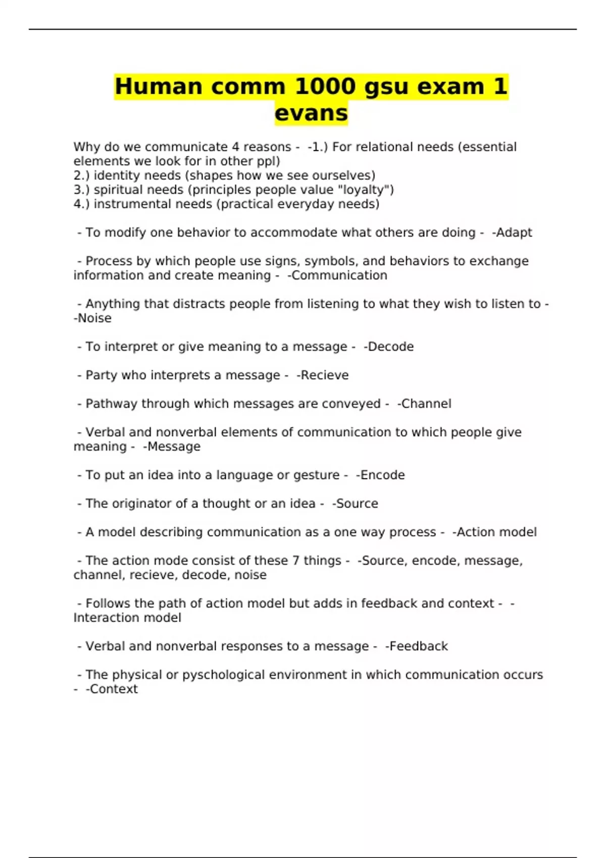 Human comm 1000 gsu exam 1 evans - Human comm 1000 gsu exam 1 evans ...