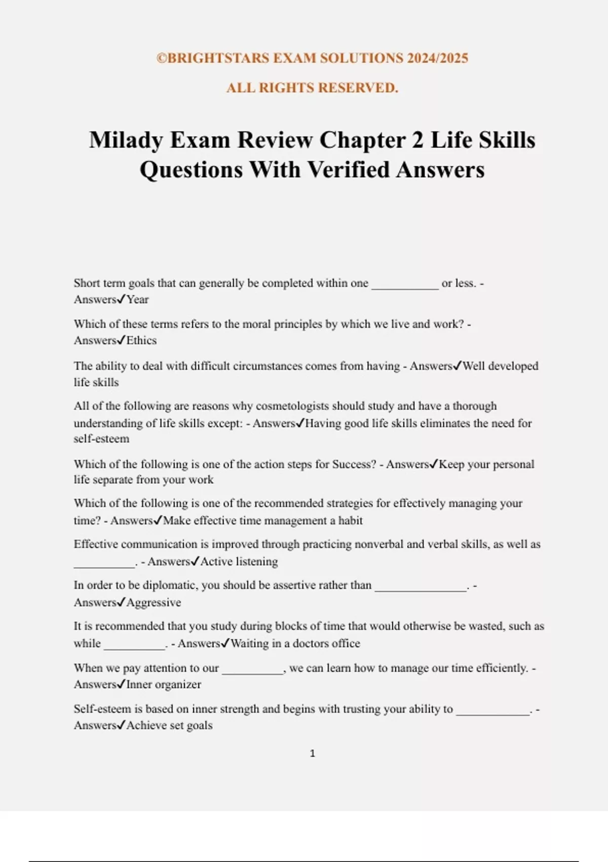 Milady Exam Review Chapter 2 Life Skills Questions With Verified ...