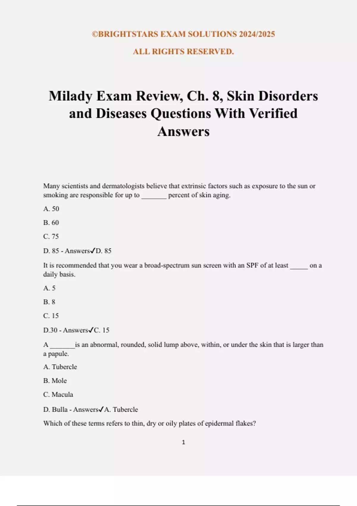 Milady Exam Review, Ch. 8, Skin Disorders and Diseases Questions With ...