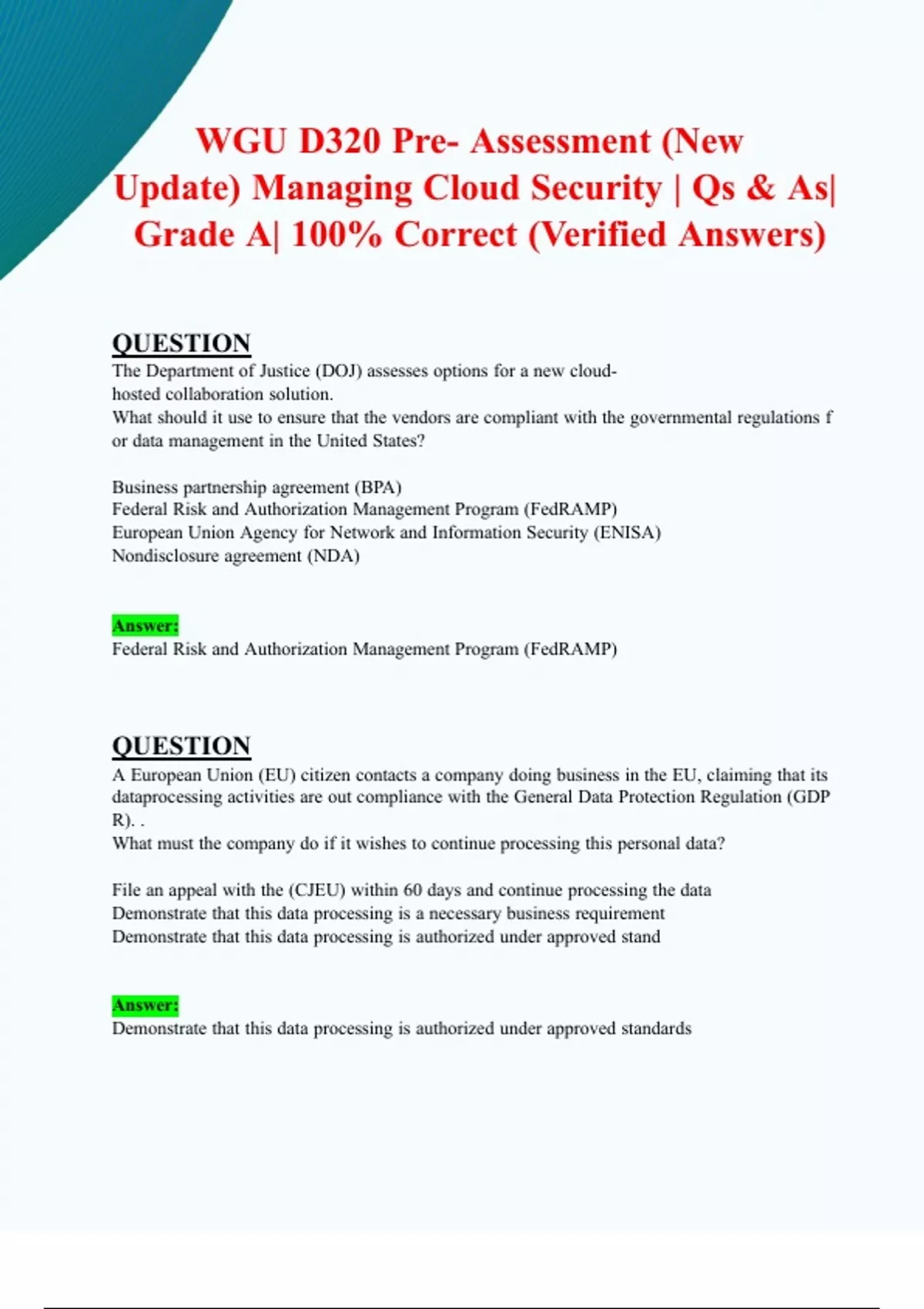 WGU D320 Pre- Assessment (New 2025/ 2026 Update) Managing Cloud ...