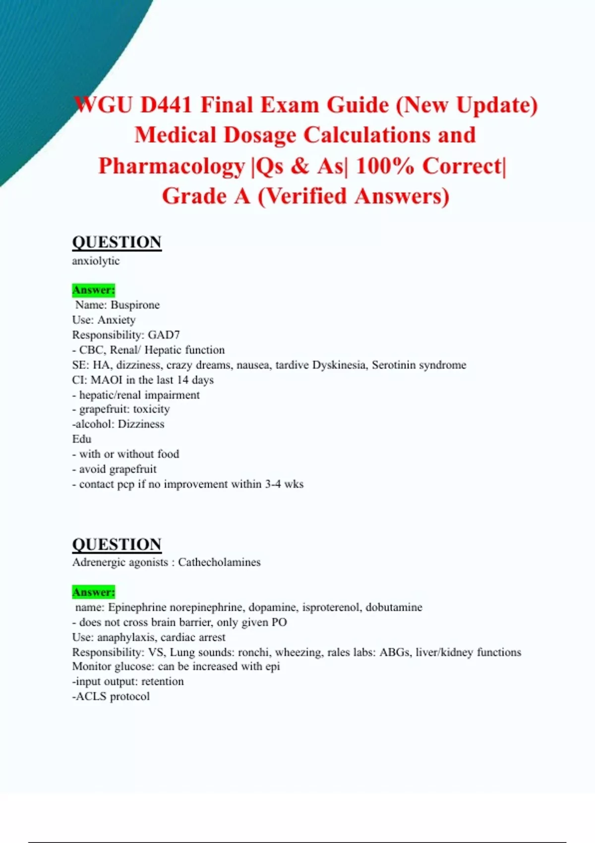 WGU D441 Final Exam Guide (New 2025/ 2026 Update) Medical Dosage Calculations and Pharmacology ...
