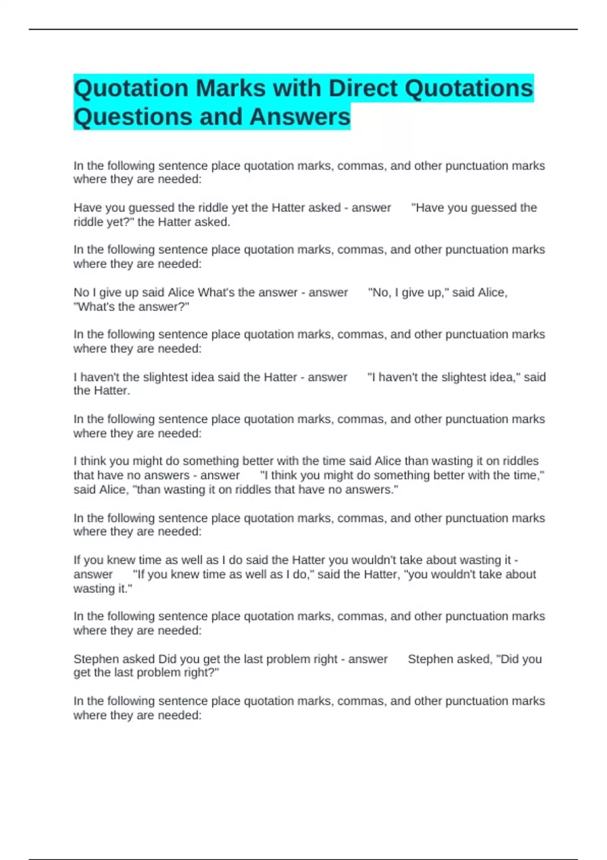 Quotation Marks with Direct Quotations Questions and Answers - IFPC ...