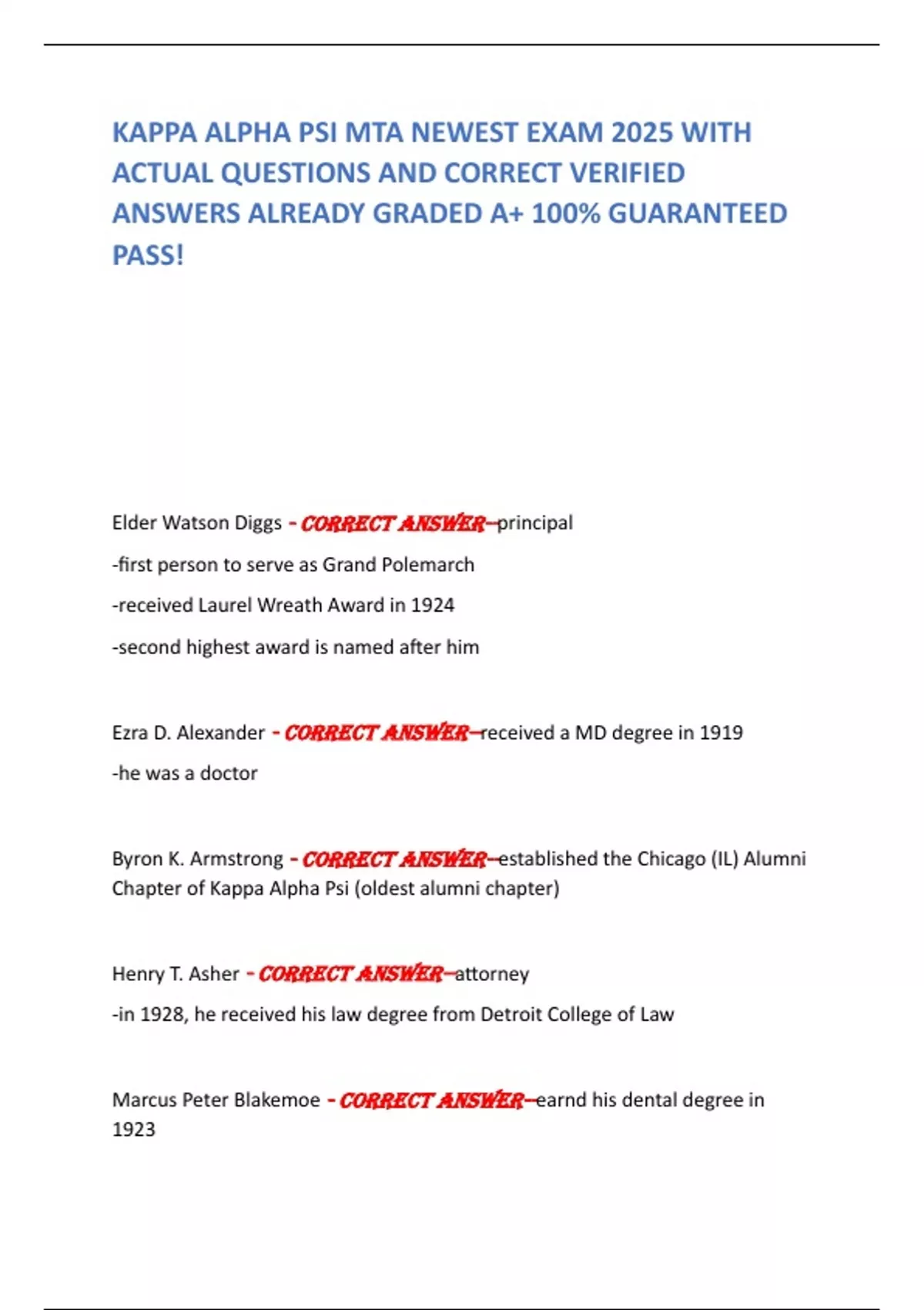 KAPPA ALPHA PSI MTA NEWEST EXAM 2025 WITH ACTUAL QUESTIONS AND CORRECT VERIFIED ANSWERS ALREADY ...
