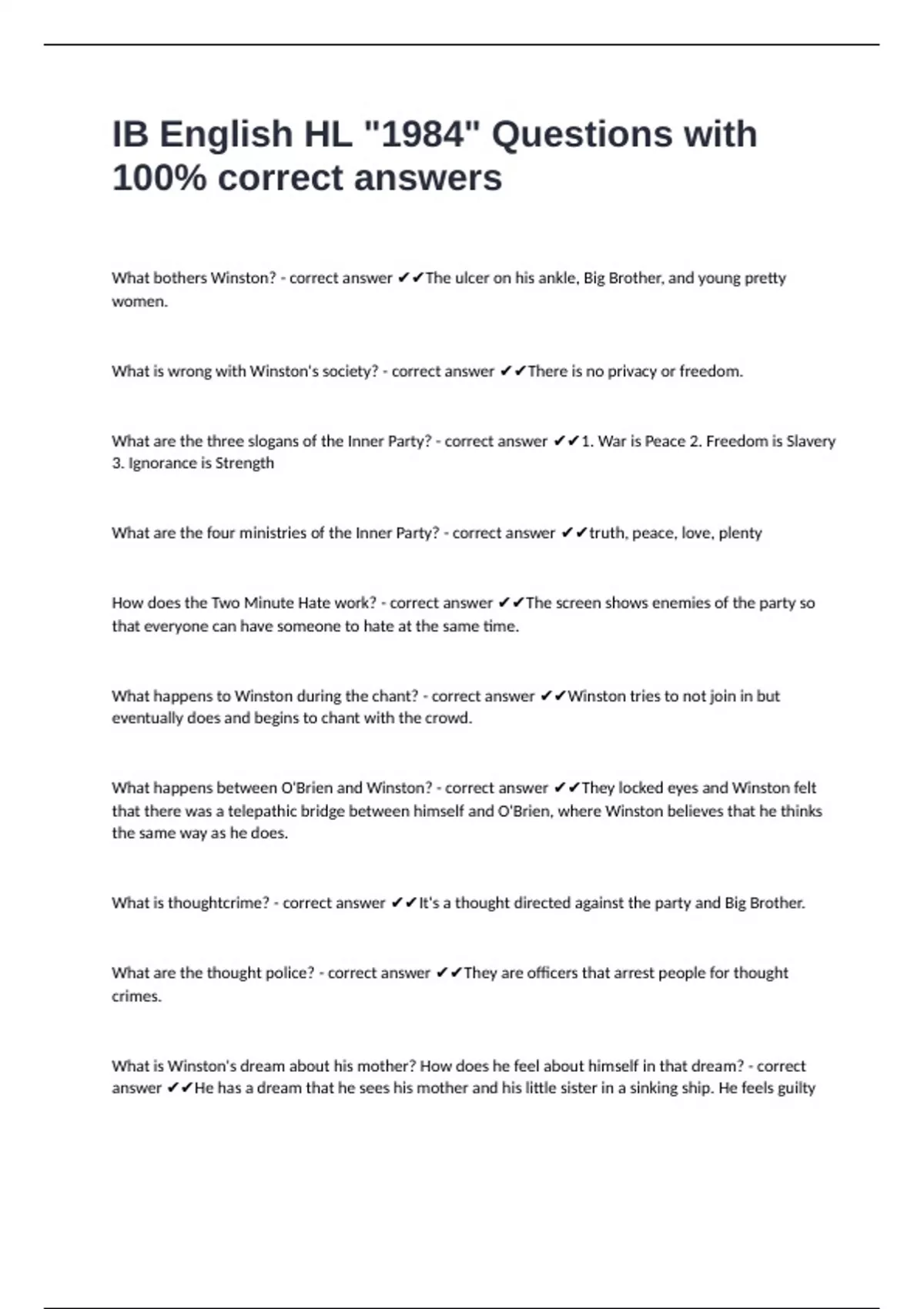 IB English HL "1984" Questions with 100% correct answers - IB English ...