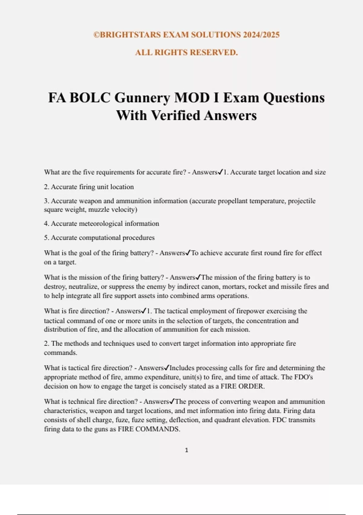 FA BOLC Gunnery MOD I Exam Questions With Verified Answers - FA BOLC ...