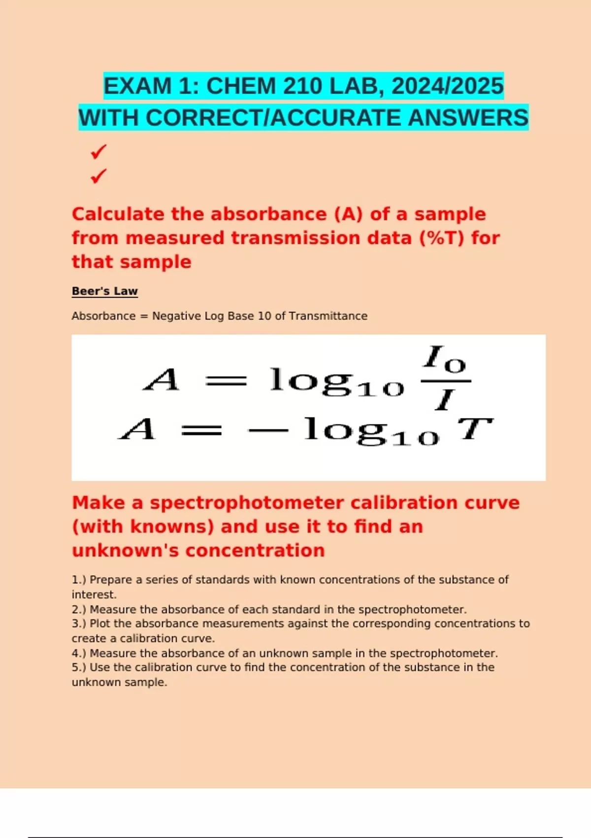 EXAM 1: CHEM 210 LAB, 2024/2025 WITH CORRECT/ACCURATE ANSWERS - CHEM 210 LAB - Stuvia US