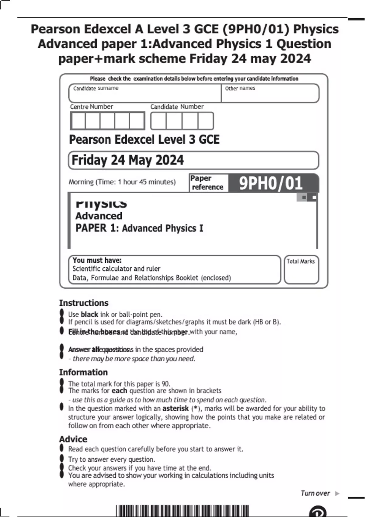 package - Pearson Edexcel A Level 3 GCE (9PH0) Physics Advanced paper I ...
