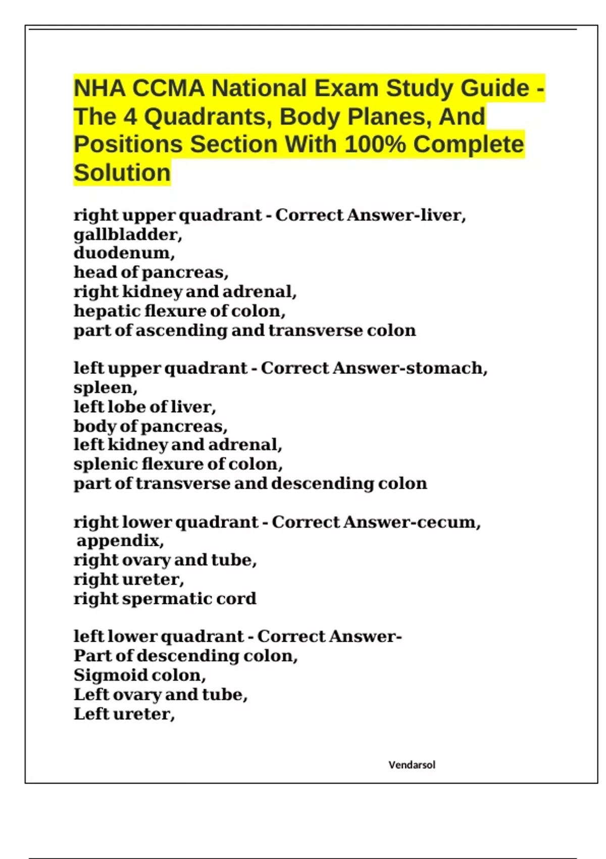 NHA CCMA National Exam Study Guide - the 4 quadrants, body planes, and ...