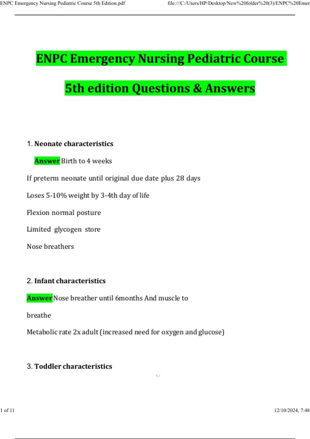 ENPC Emergency Nursing Pediatric Course 5th Edition 2025 Questions and ...