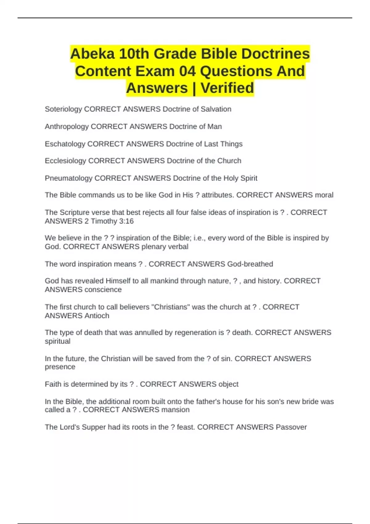 Abeka 10th Grade Bible Doctrines Content Exam 04 Questions And Answers ...