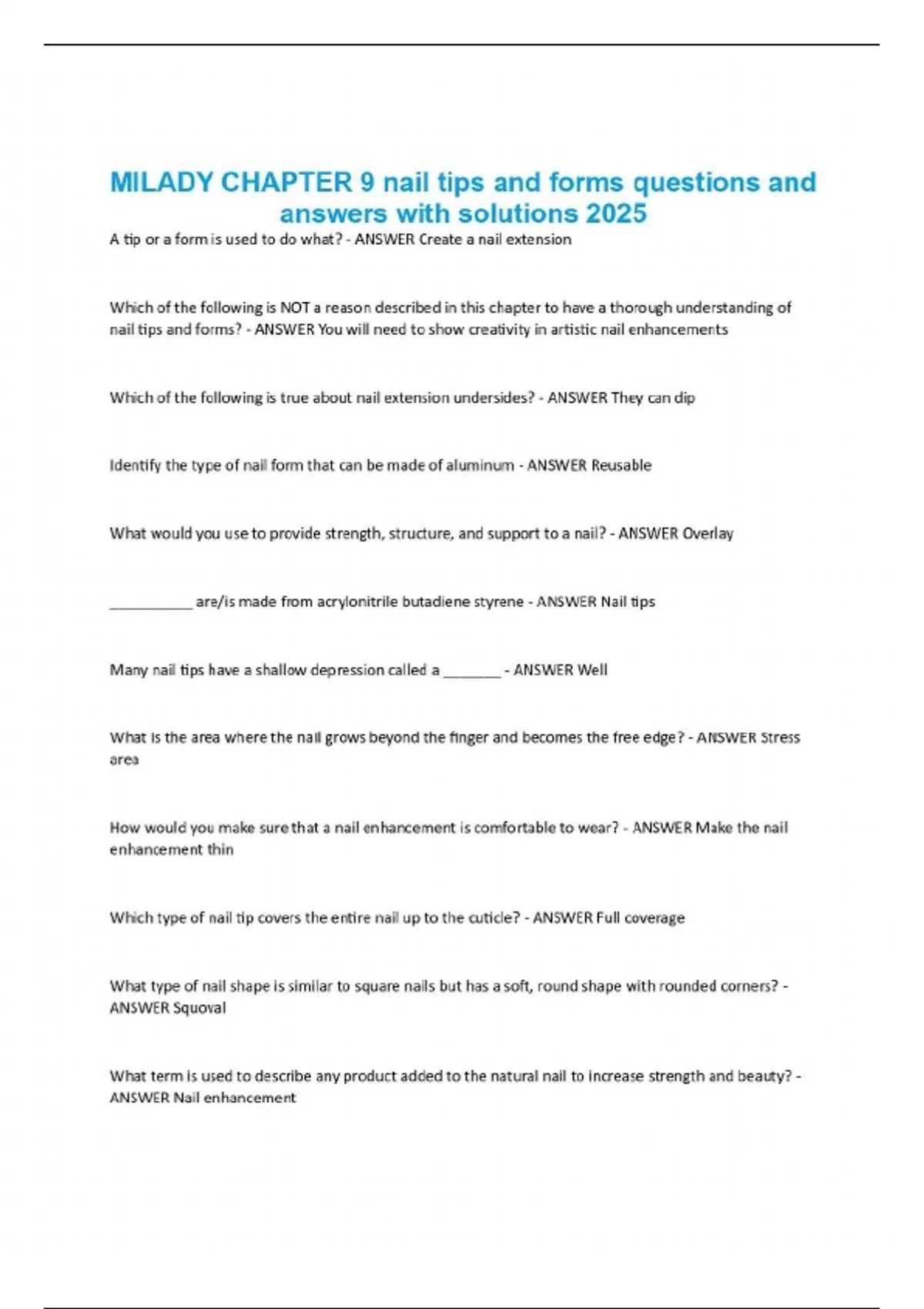 MILADY CHAPTER 9 nail tips and forms questions and answers with ...