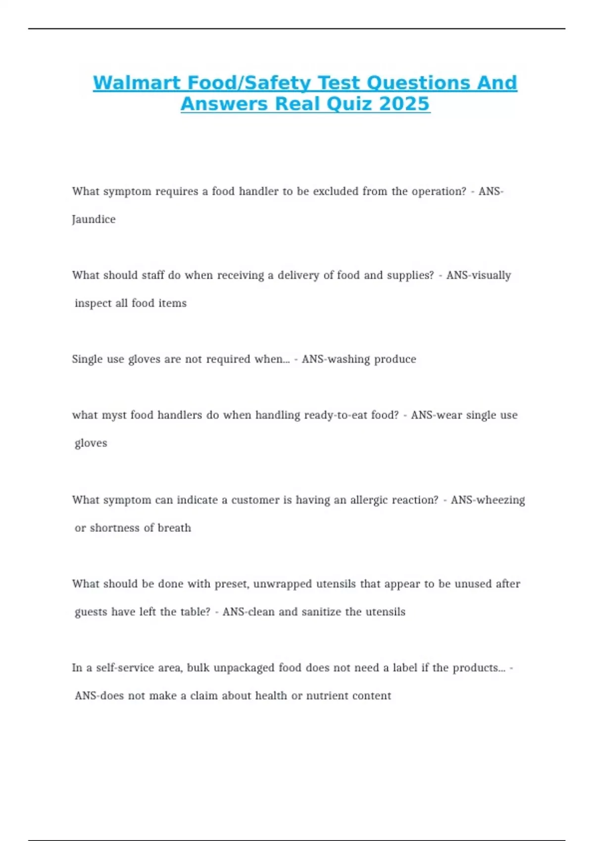 Walmart Food/Safety Test Questions And Answers Real Quiz 2025 - Walmart ...