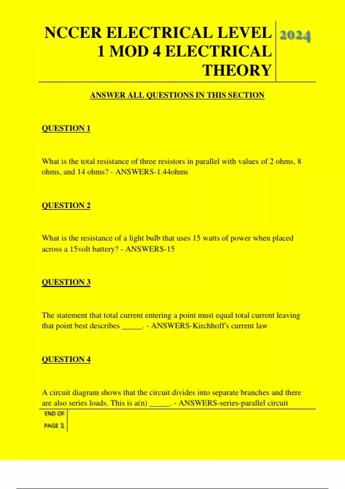 NCCER ELECTRICAL LEVEL 1 MOD 4 ELECTRICAL THEORY QUESTIONS AND ANSWERS ...