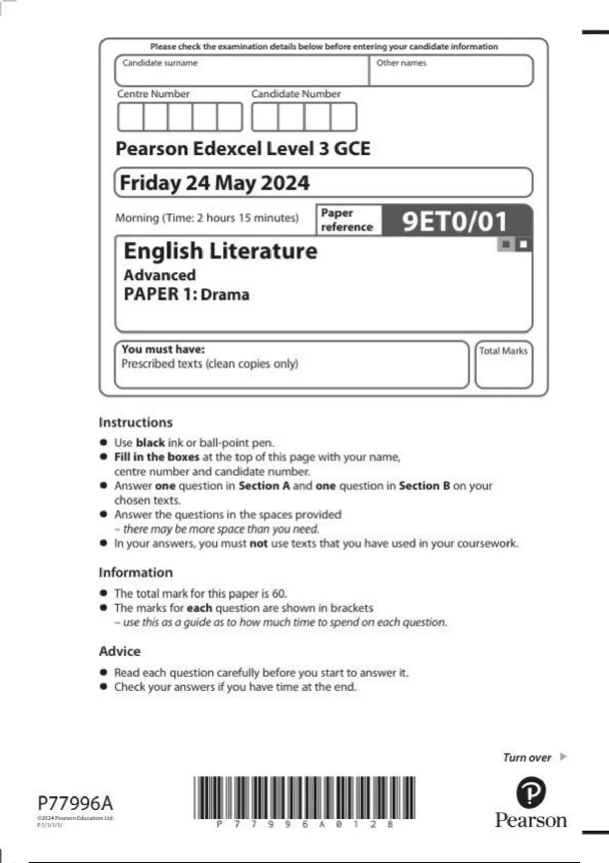 Pearson Edexcel Level 3 GCE English Literature Advanced PAPER 1: Drama ...
