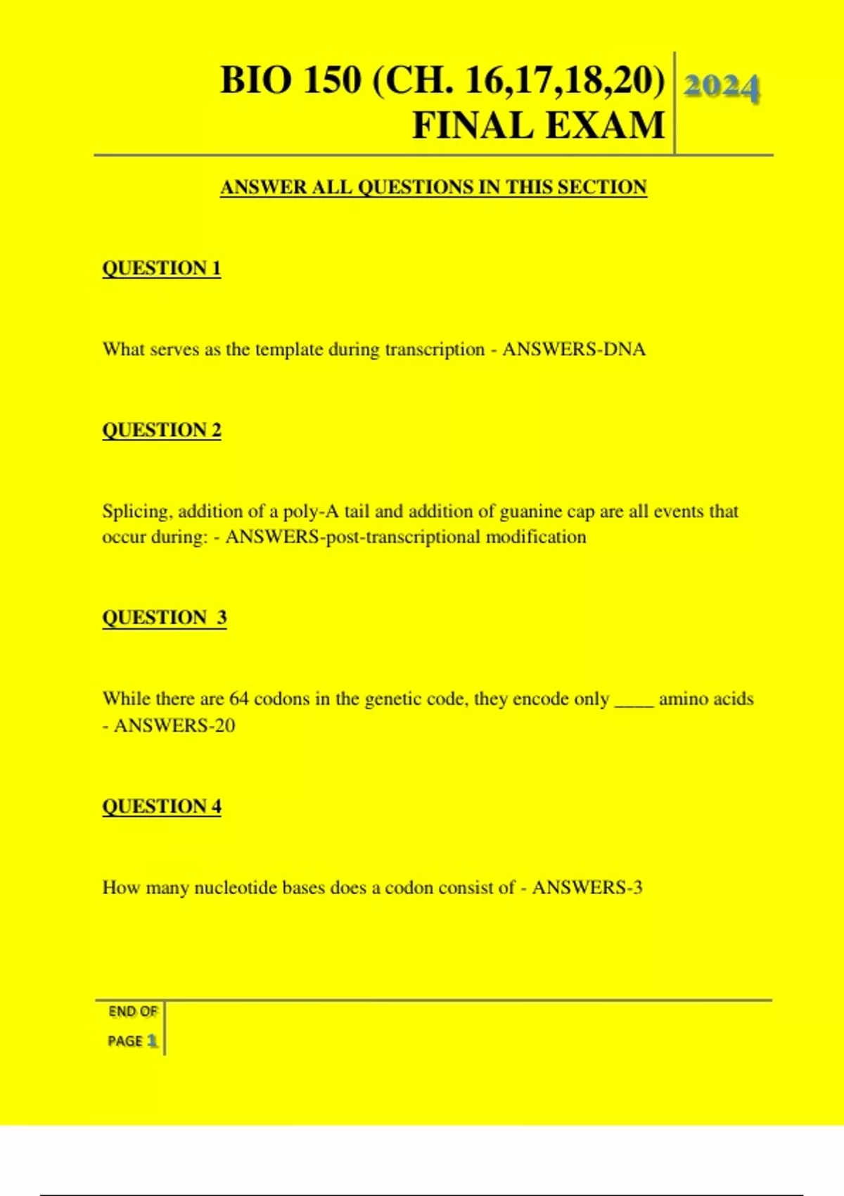 BIO 150 (CH. 16,17,18,20) FINAL EXAM QUESTIONS AND ANSWERS 2025 - BIO 150 - Stuvia US