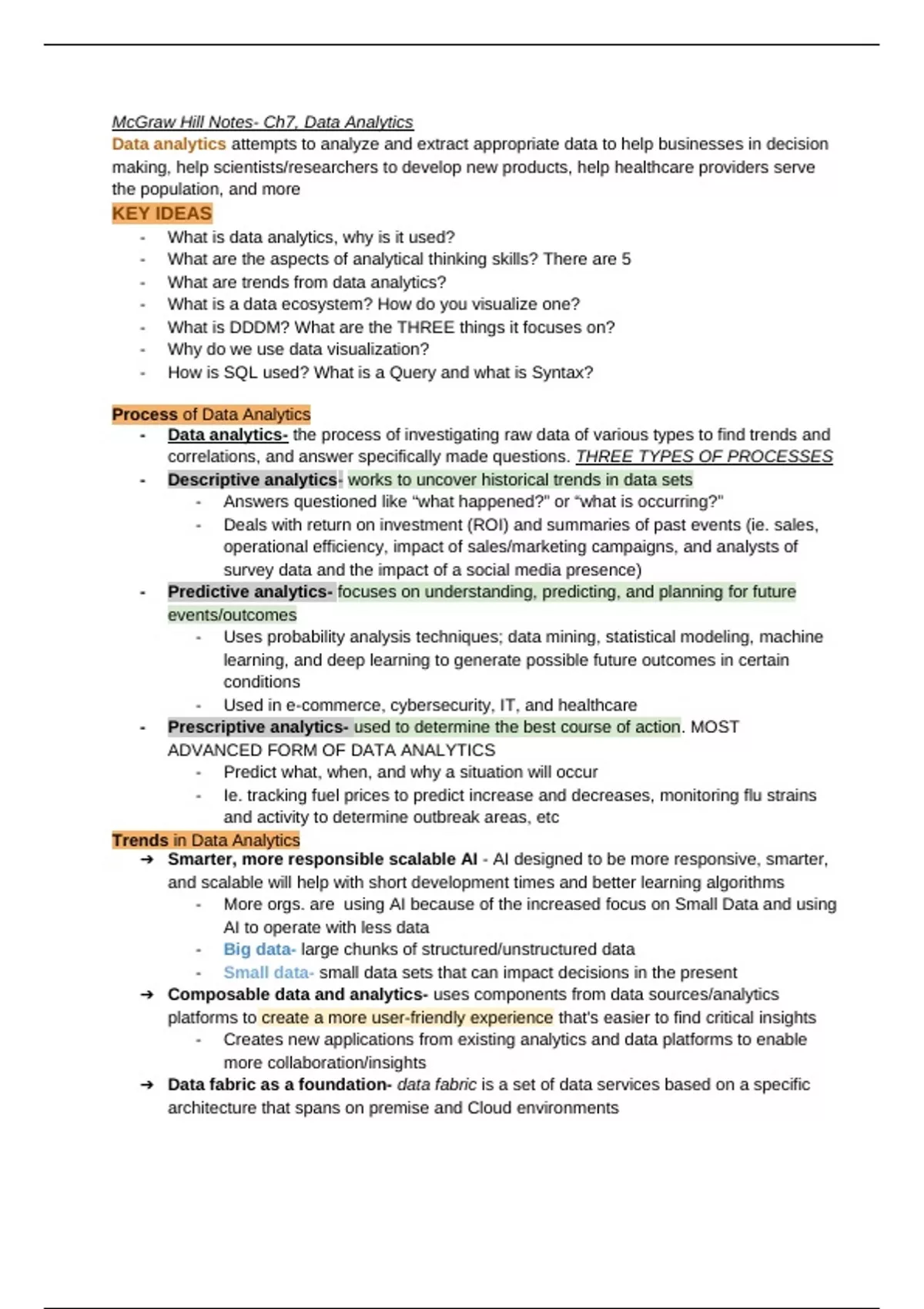 Summary Chapter 7 Data Analytics MIS 180 McGraw Hill Textbook - MIS 180 ...