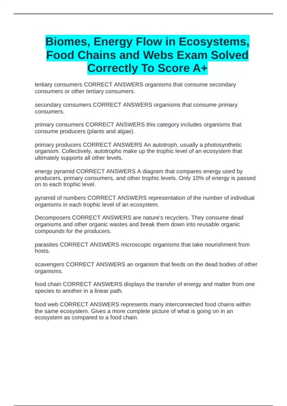 Biomes, Energy Flow in Ecosystems, Food Chains and Webs Exam Solved ...