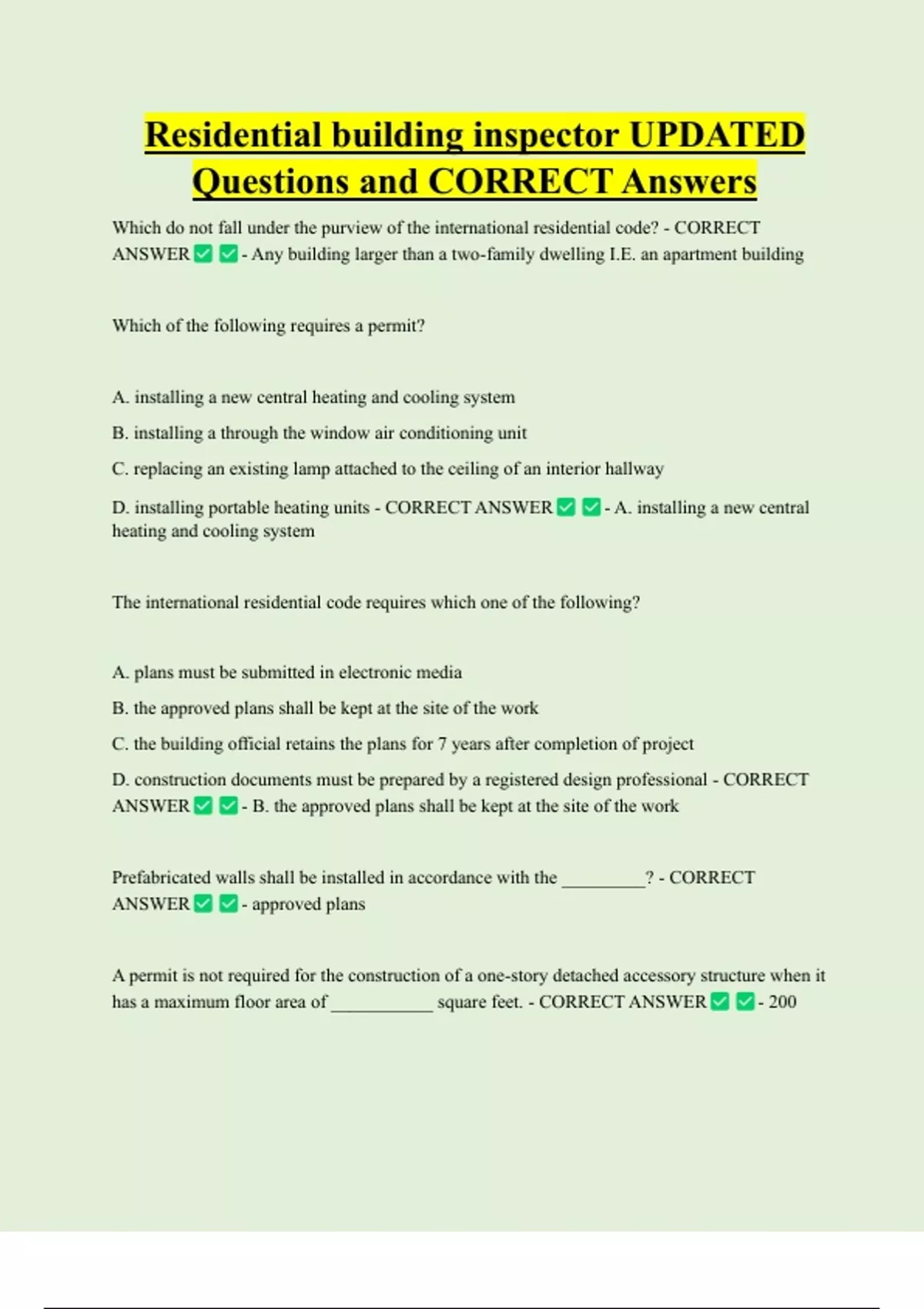 Residential building inspector UPDATED Questions and CORRECT Answers ...