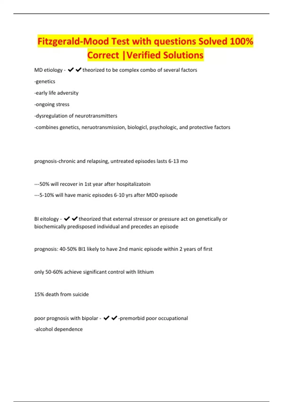 Fitzgerald-Mood Test with questions Solved 100% Correct |Verified ...