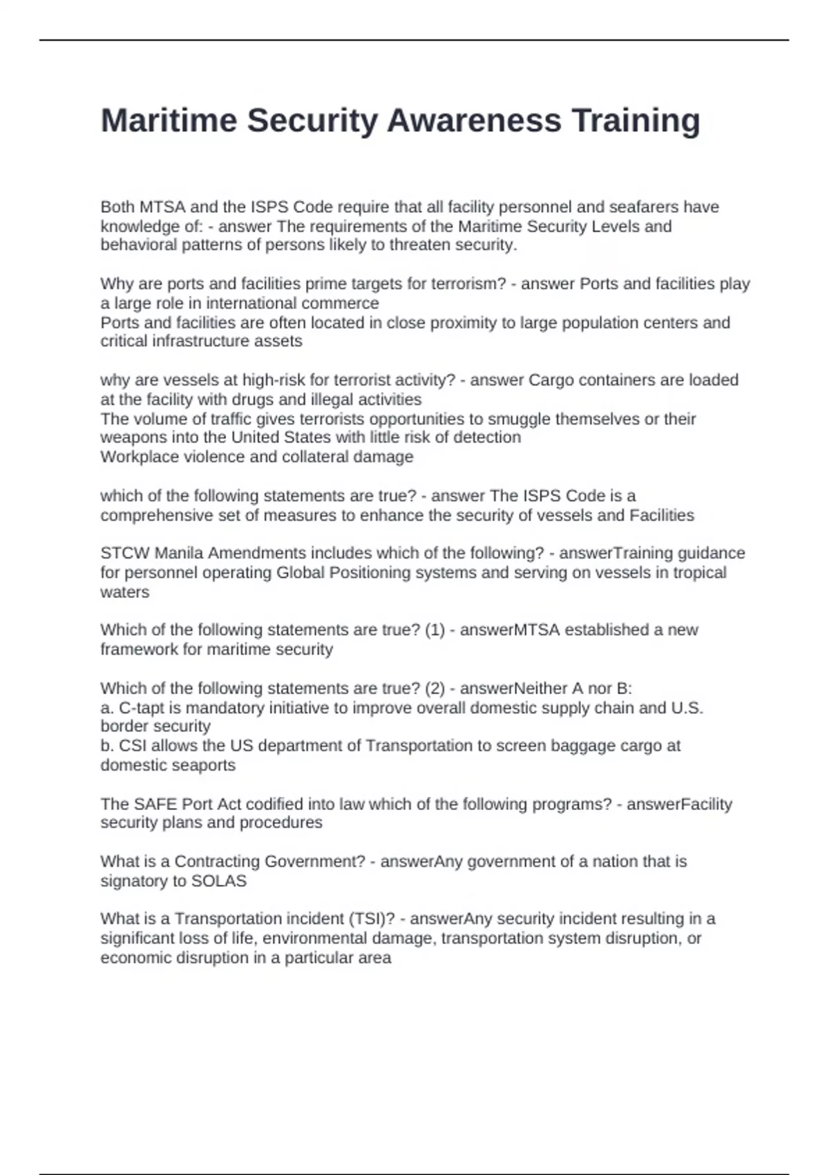 Maritime Security Awareness Training Questions and Answers 2024 - STCW - Stuvia US