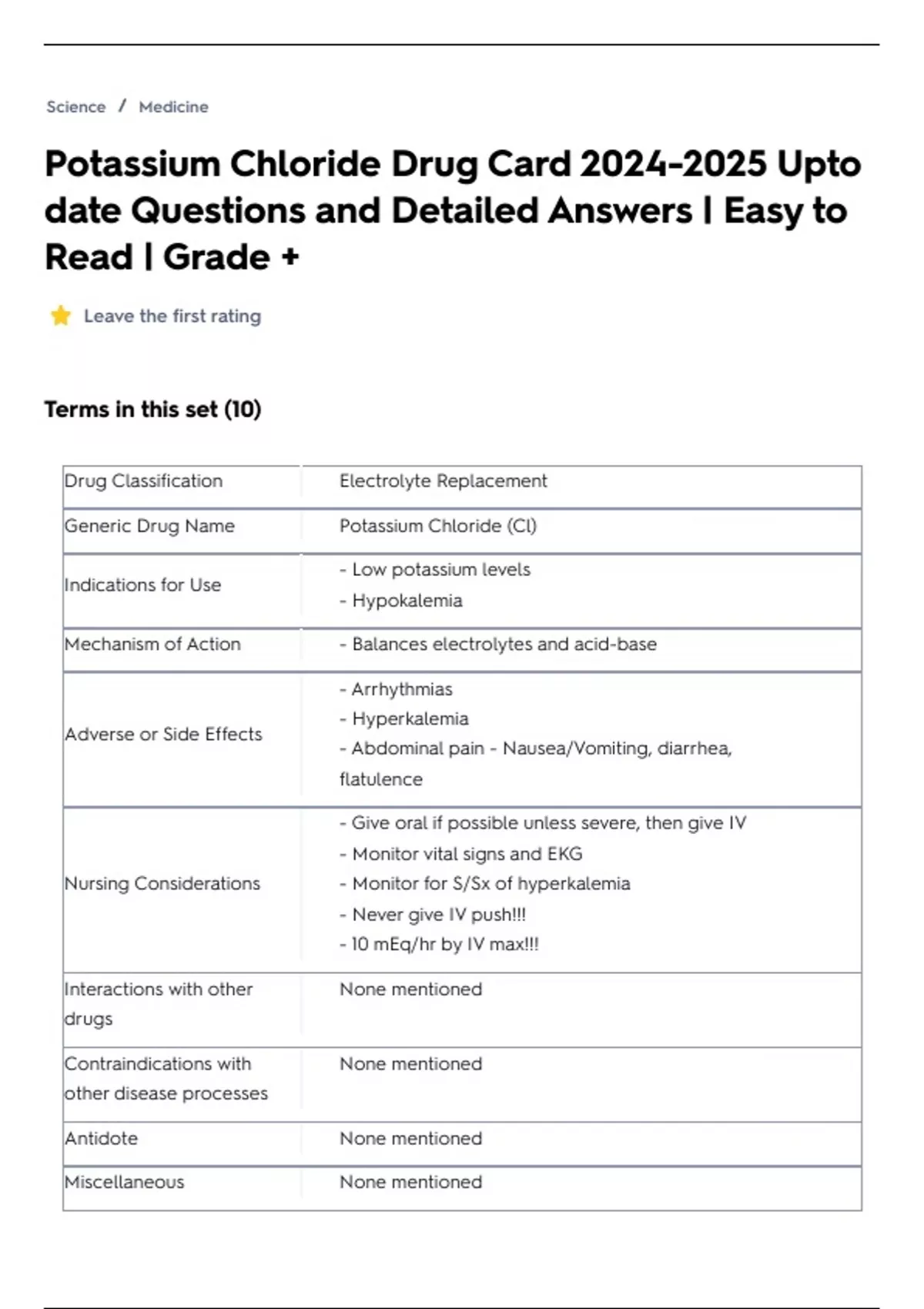 Potassium Chloride Drug Card Upto date Questions and Detailed Answers ...