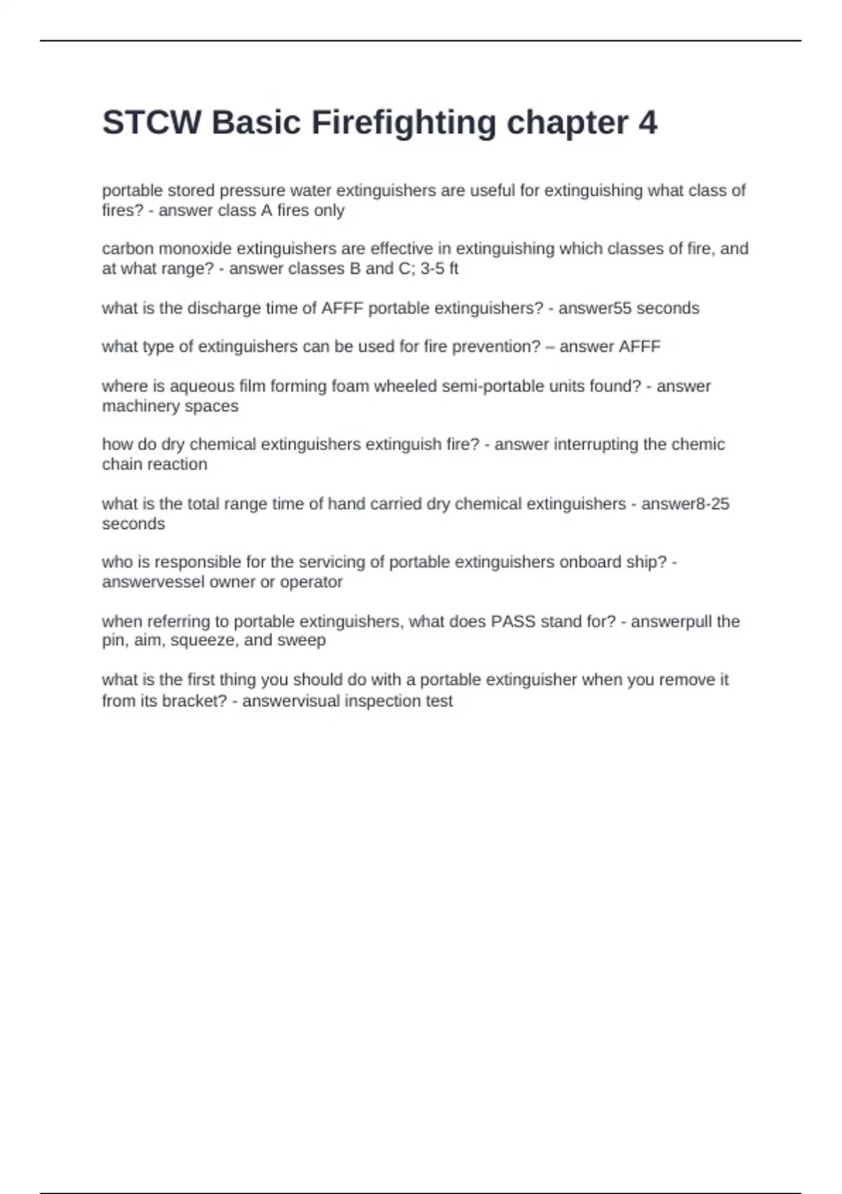 STCW Basic Firefighting chapter 4 Questions and Answers - STCW - Stuvia US