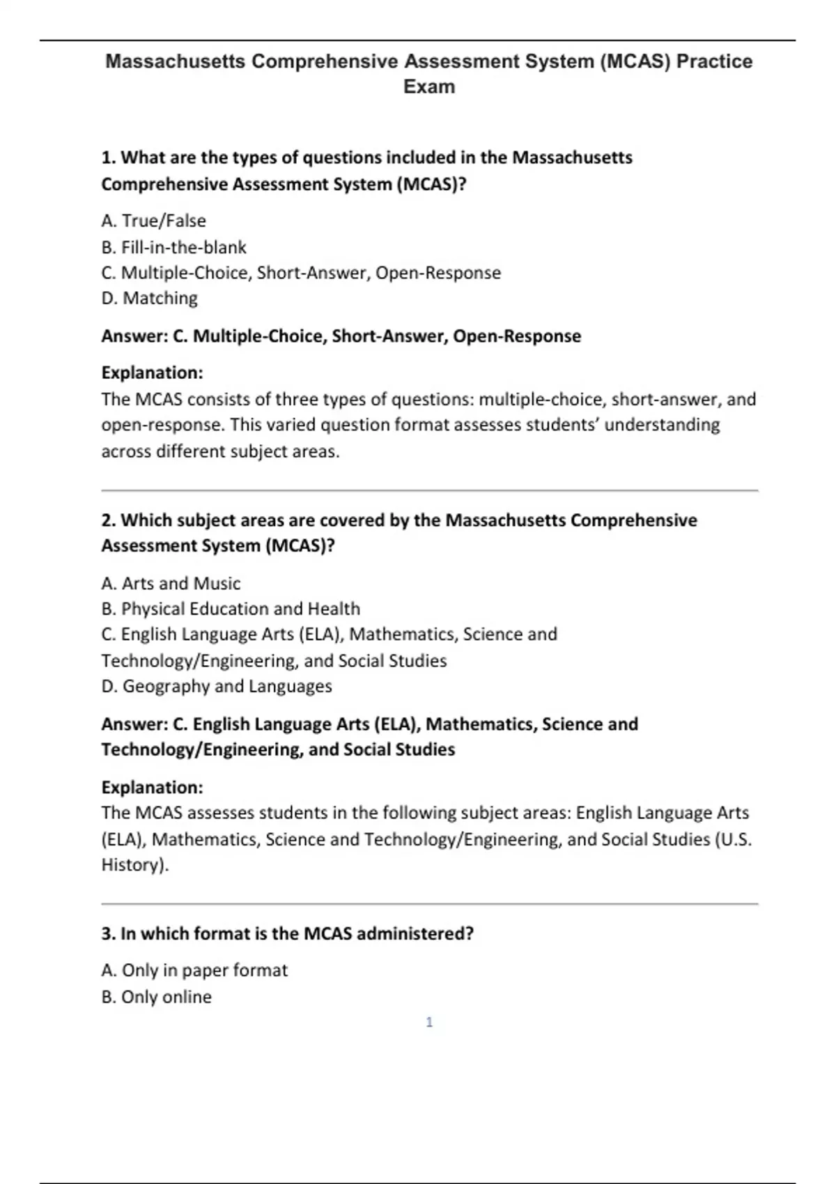 Massachusetts Comprehensive Assessment System (MCAS) Practice Exam ...