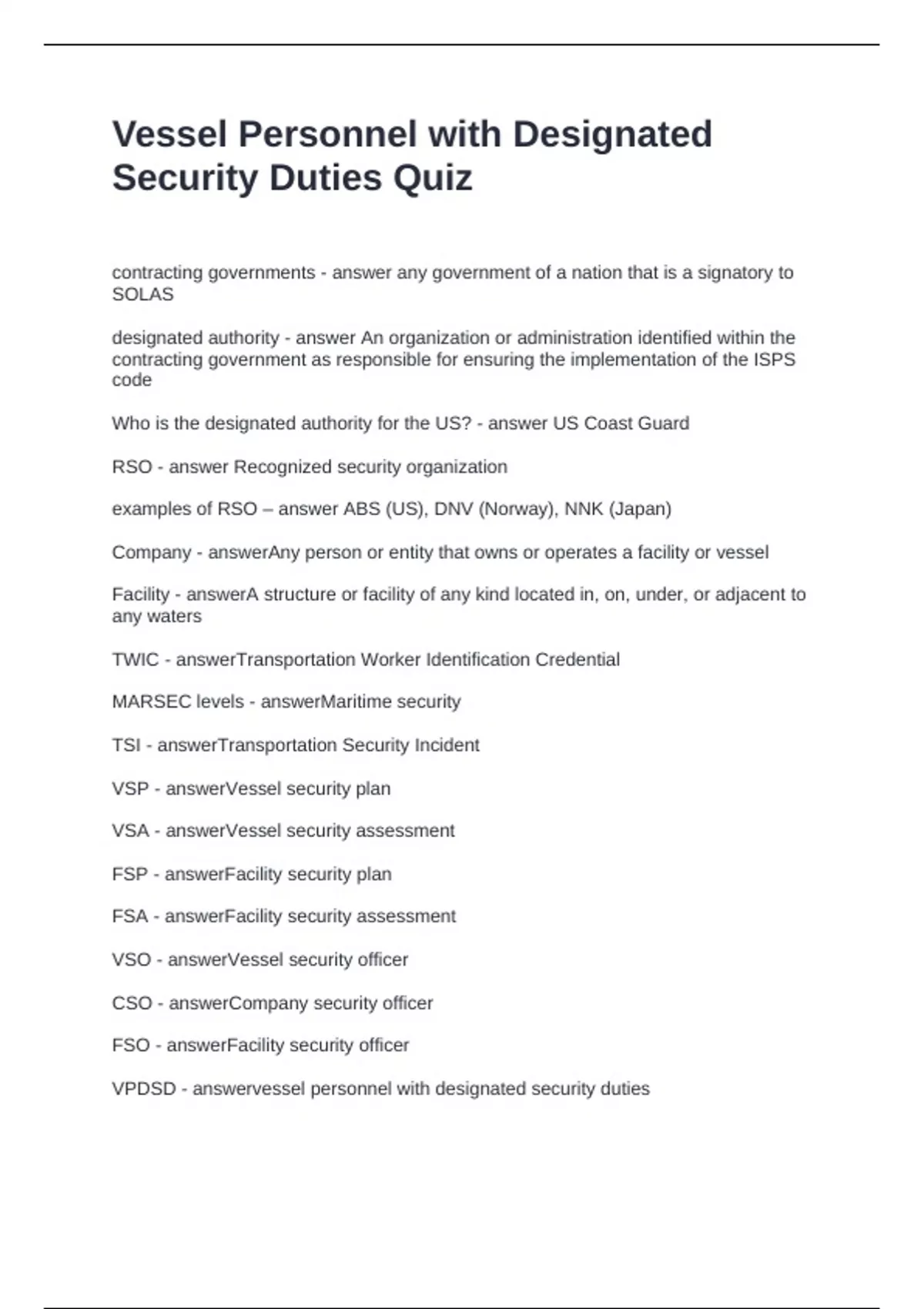 Vessel Personnel with Designated Security Duties Quiz Questions and ...