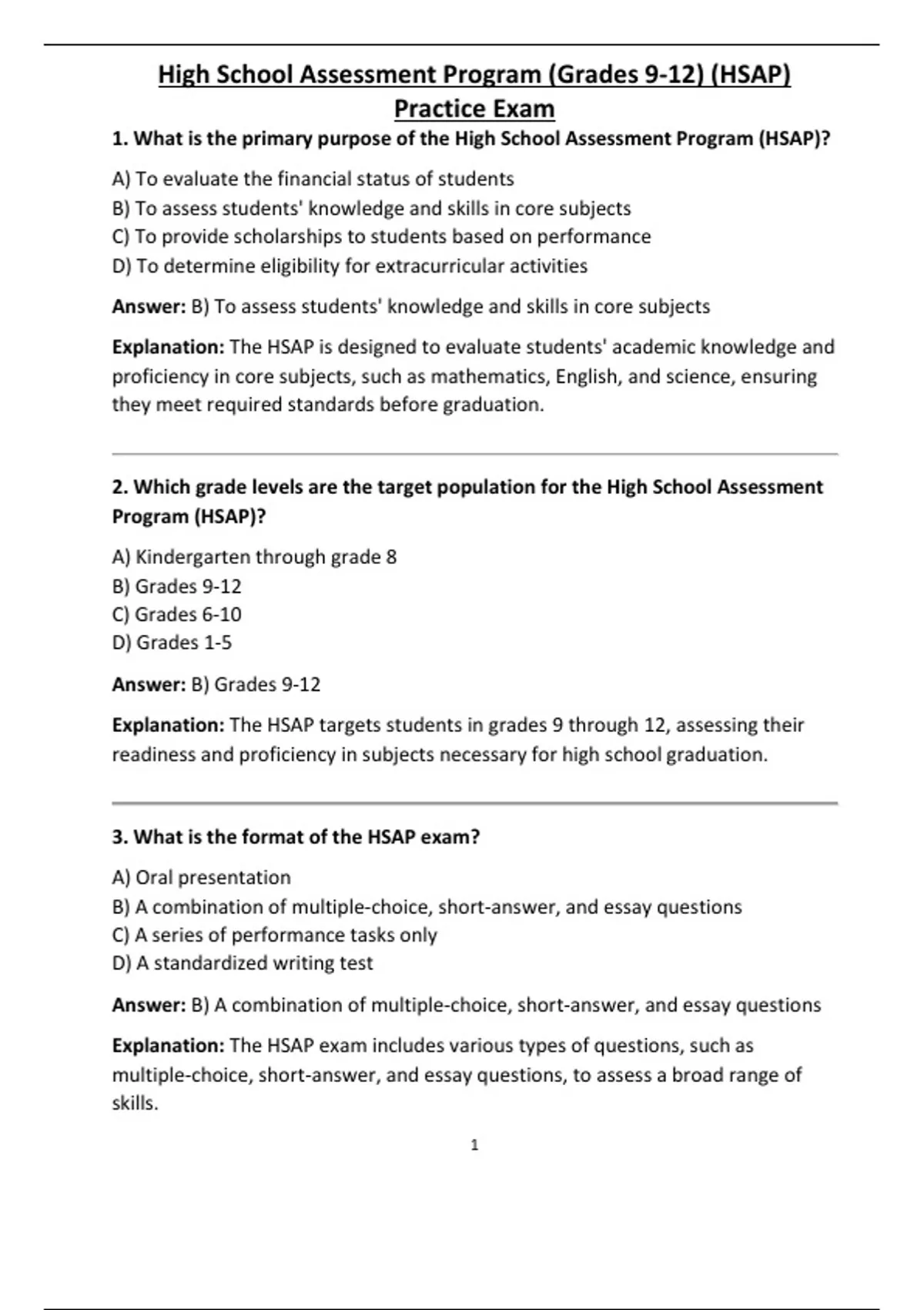 High School Assessment Program (Grades 9-12) (HSAP) Practice Exam ...