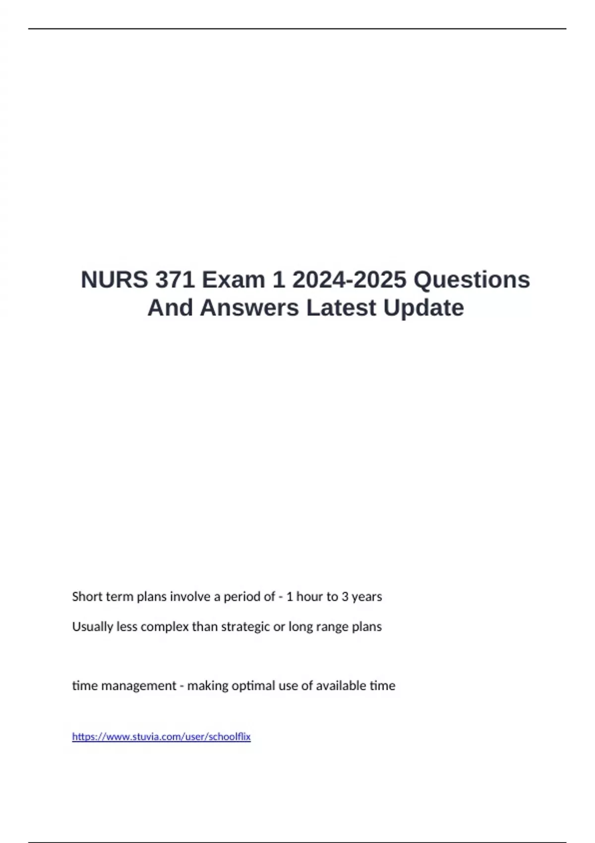 NURS 371 Exam Questions And Answers Latest Update - NURS 371 - Stuvia US