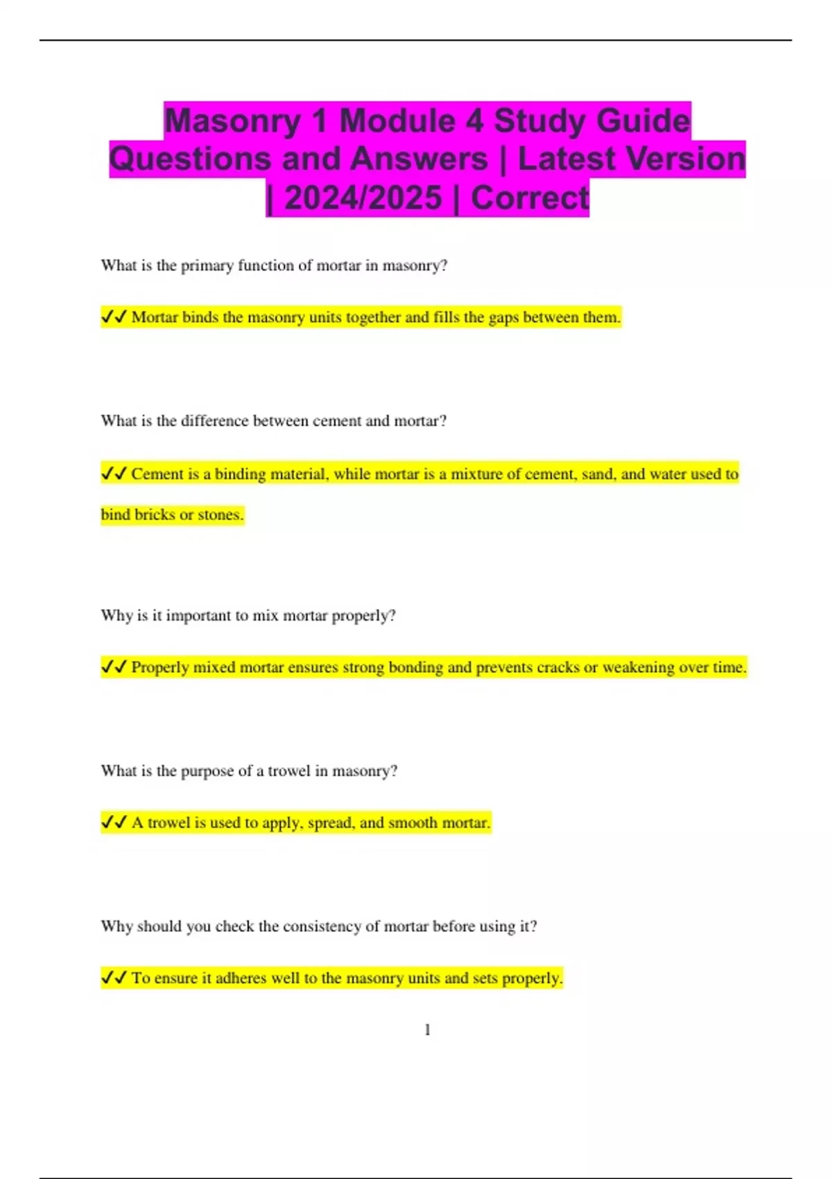 Masonry Level One Bundled Exams Questions and Answers Latest Versions ...
