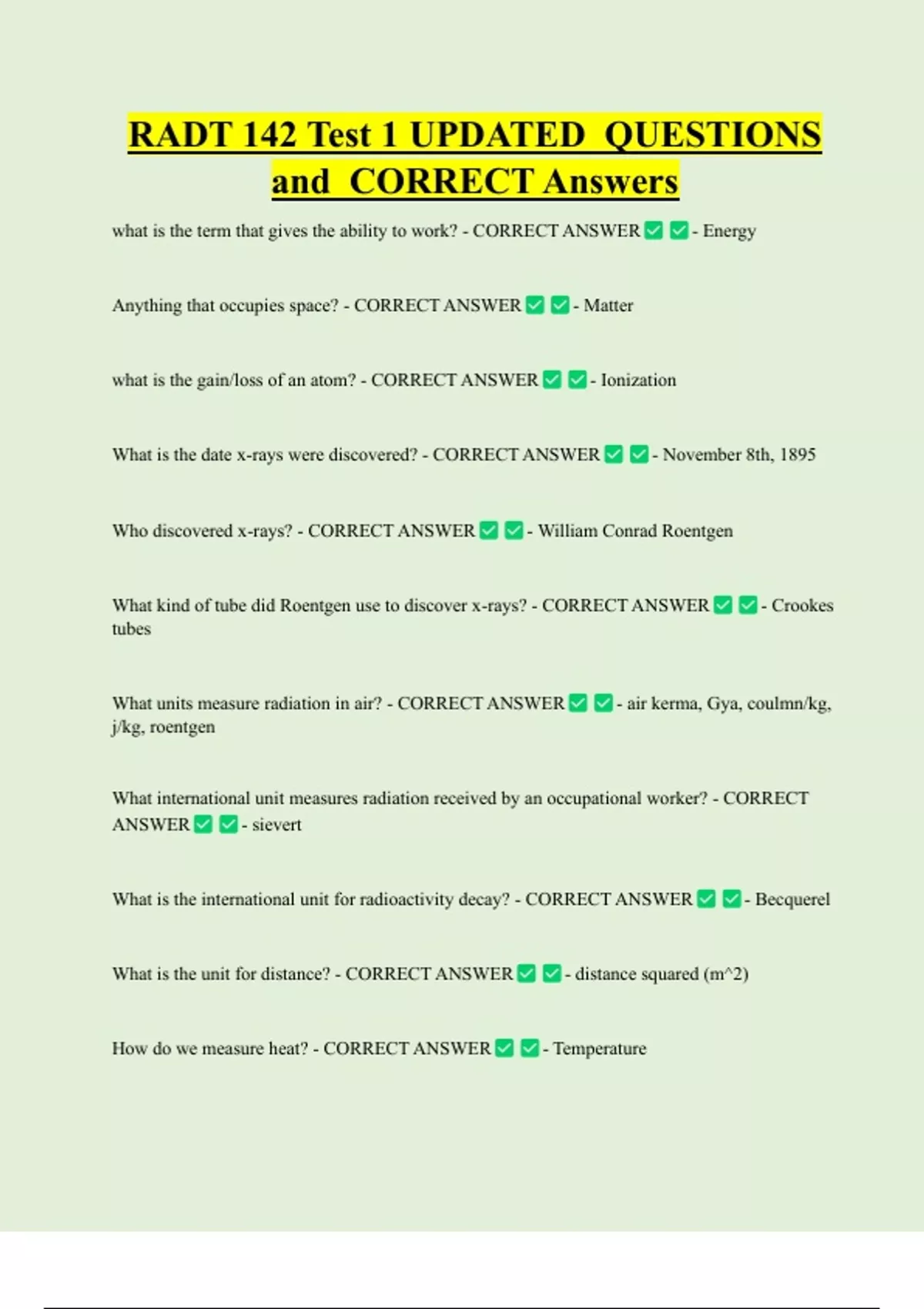 RADT 142 Test 1 UPDATED QUESTIONS and CORRECT Answers - Radt - Stuvia US
