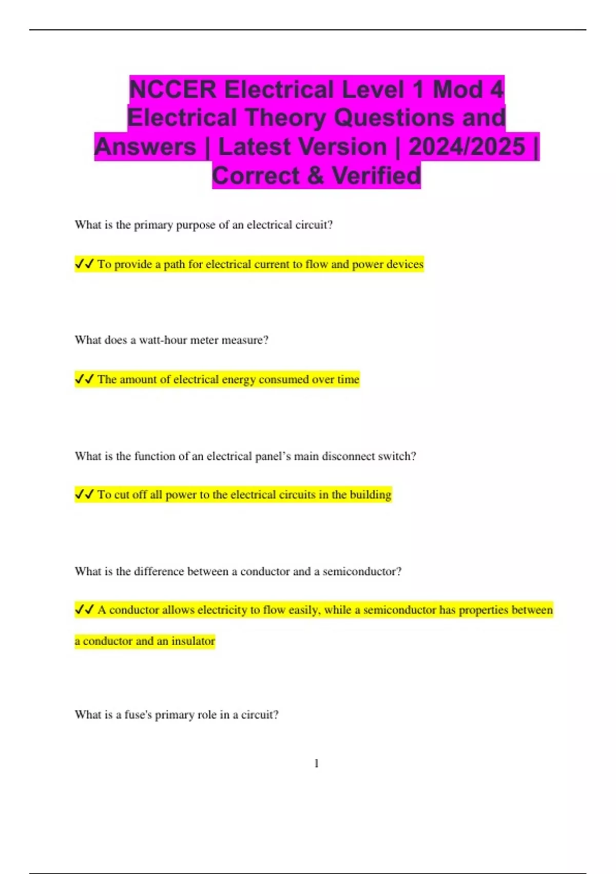 NCCER Electrical Level 1 Mod 4 Electrical Theory Questions and Answers ...