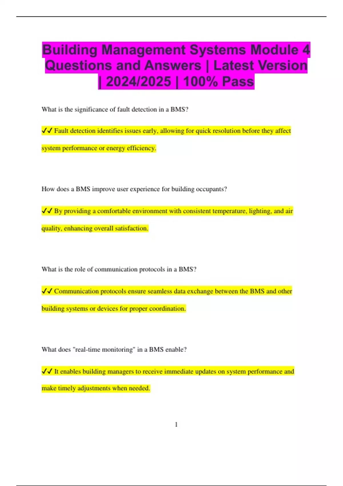 Building Management Systems Module 4 Questions and Answers | Latest ...