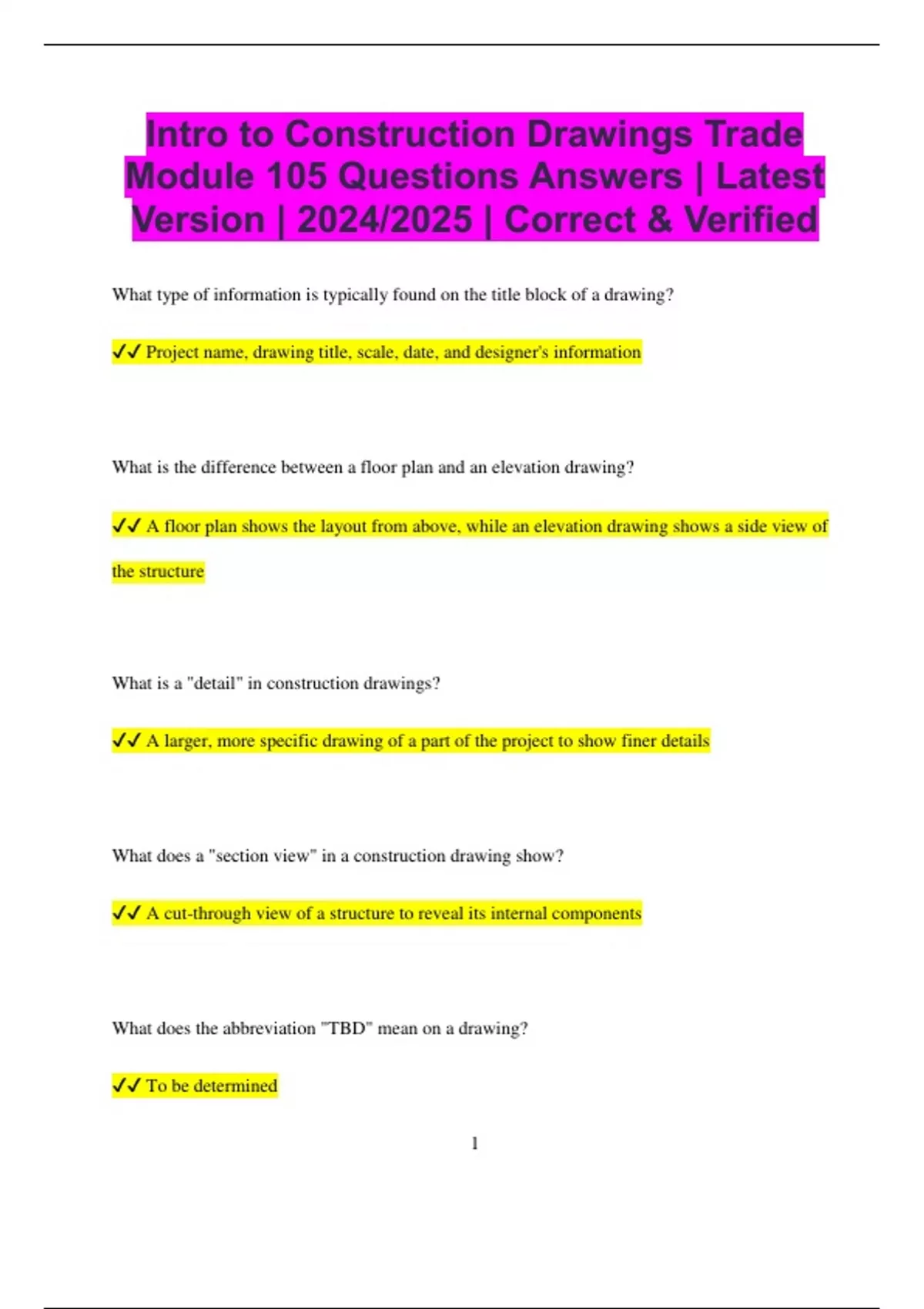 Intro to Construction Drawings Trade Module 105 Questions Answers ...
